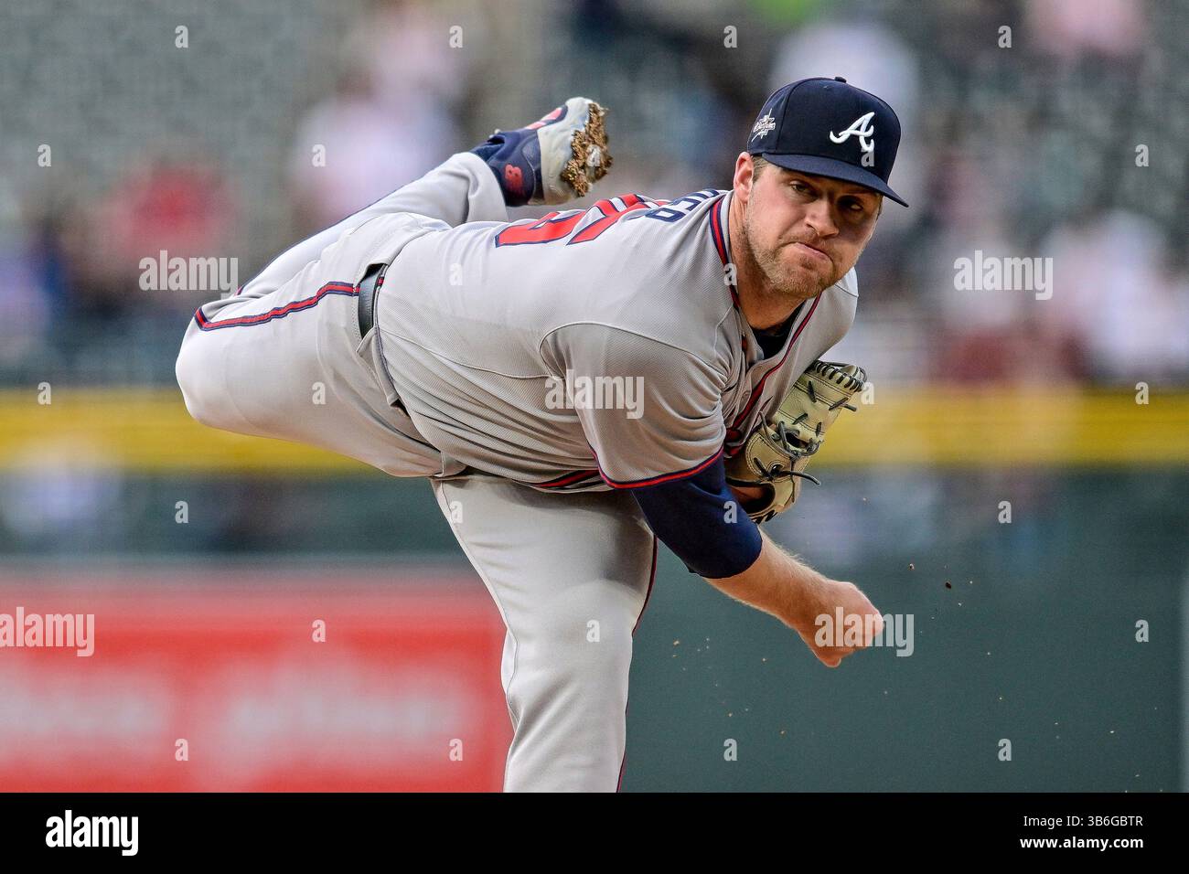 DENVER, CO - APRIL 28: Atlanta Braves starting pitcher Bryce Elder (55) pitches in the first ...