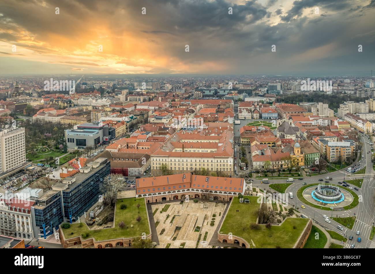 Aerial view of Timisoara downtown with dramatic sunset sky Stock Photo ...