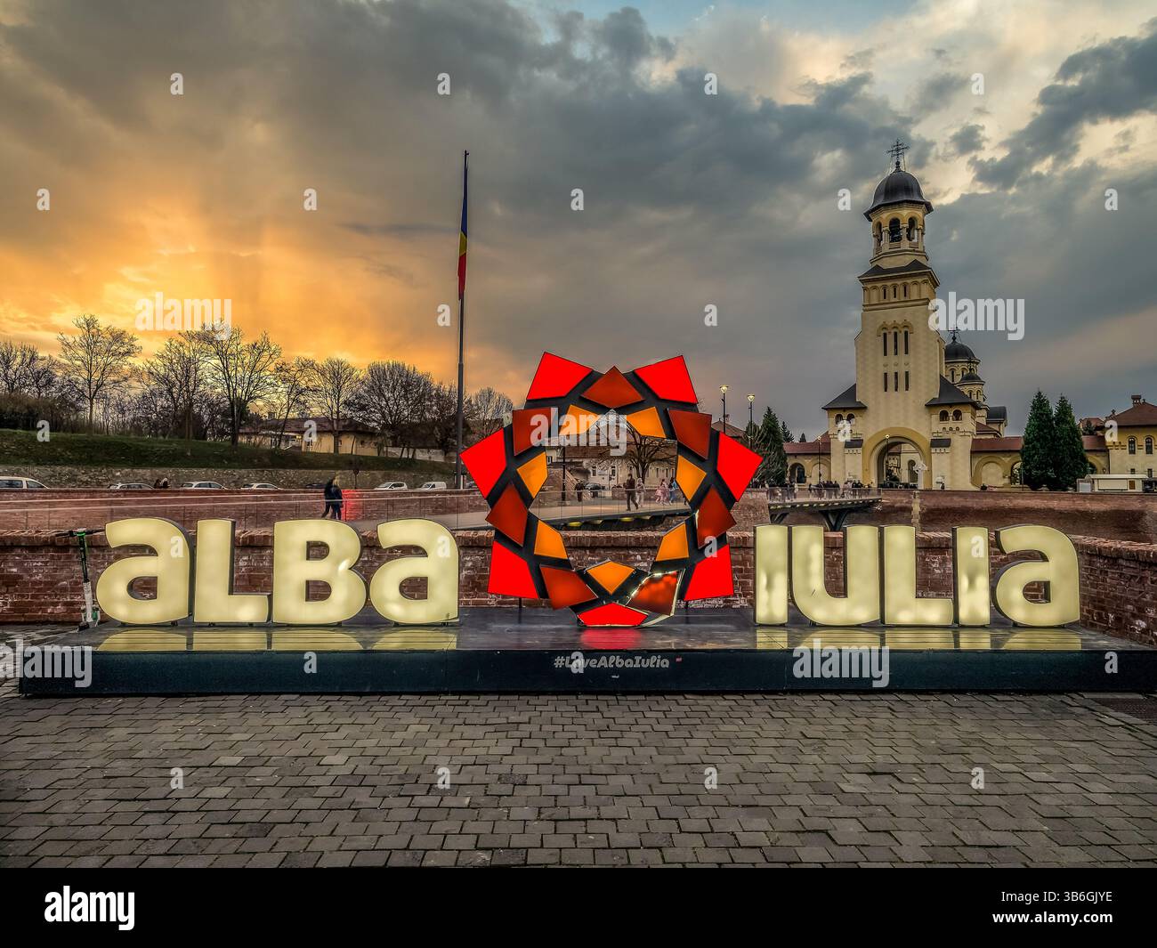 View of Alba Iulia fortress in Romania with sunset sky, ramparts ...