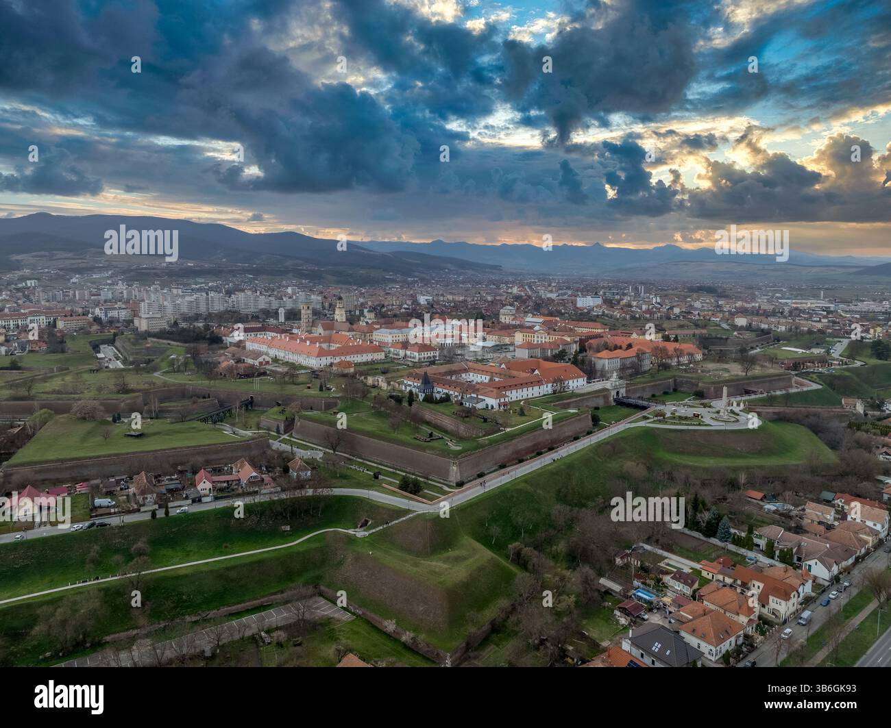 Aerial view of Alba Iulia citadel, vauban style star fort in Romania with ramparts, bastions ...