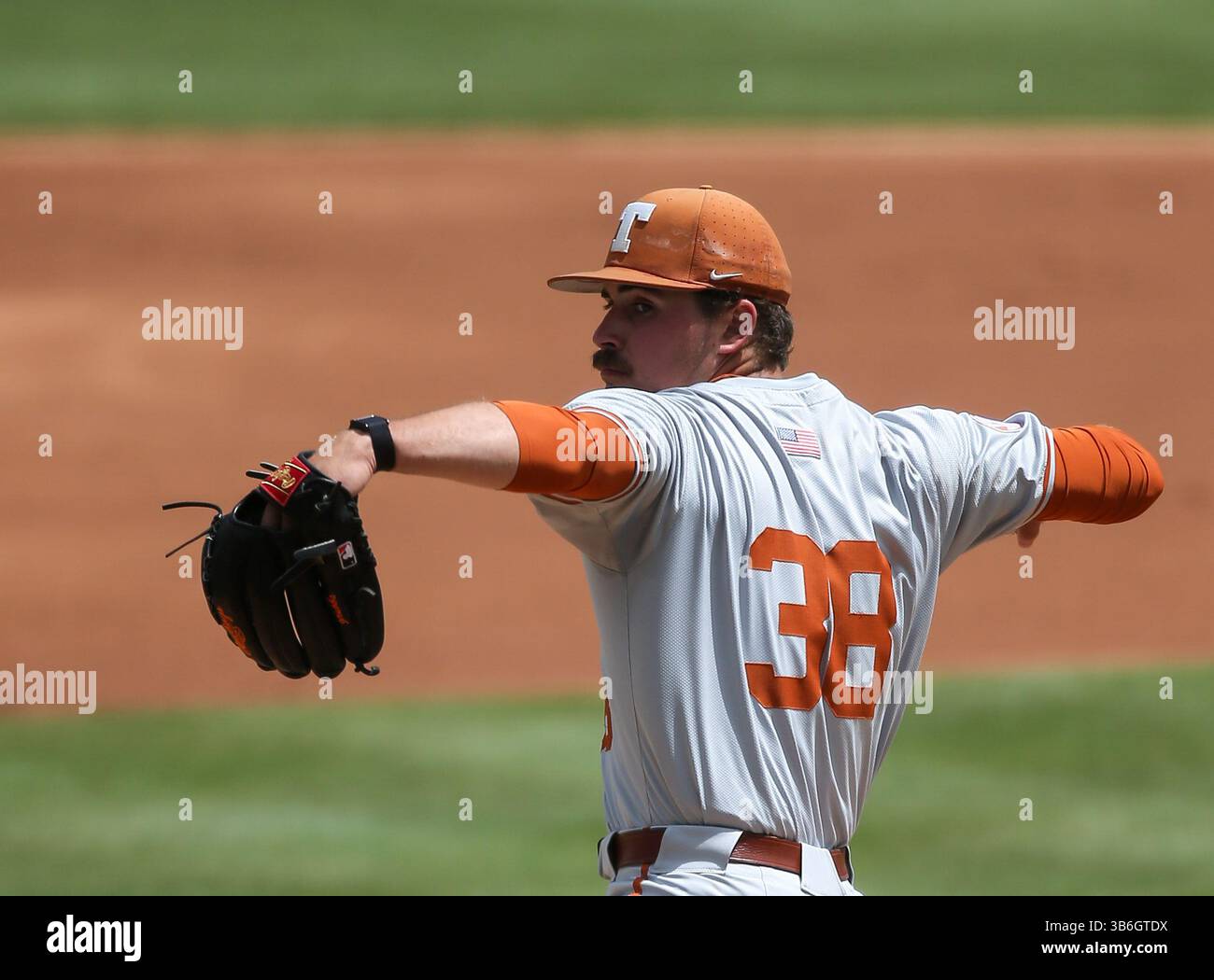May 3, 2025: Longhorns pitcher Max Grubbs (38) eyes into the glove ...