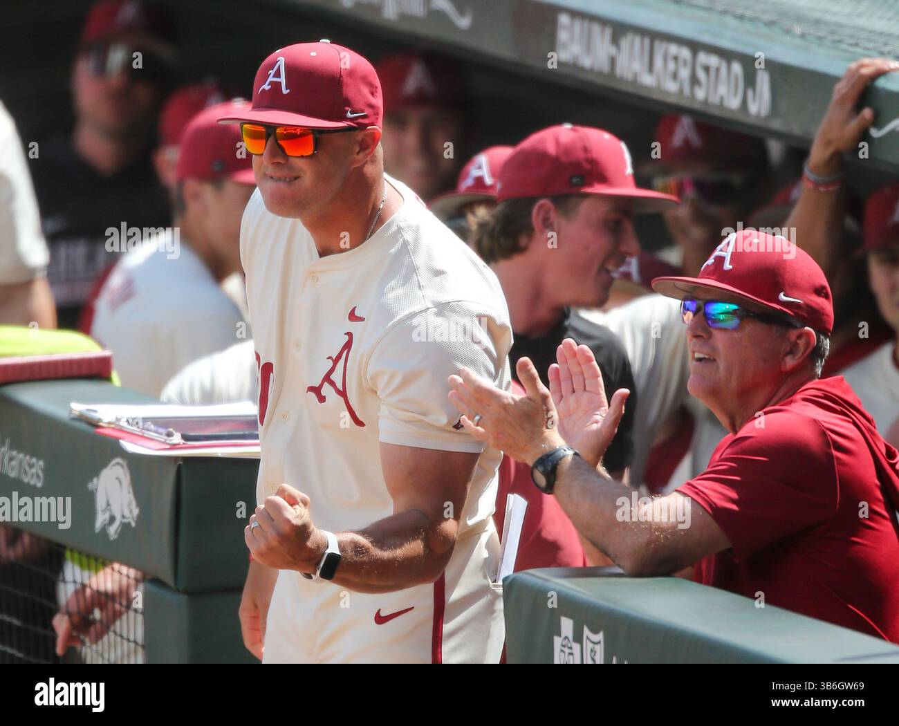 May 3, 2025: Arkansas Assistant Coach Nate Thompson and Head Coach Dave ...