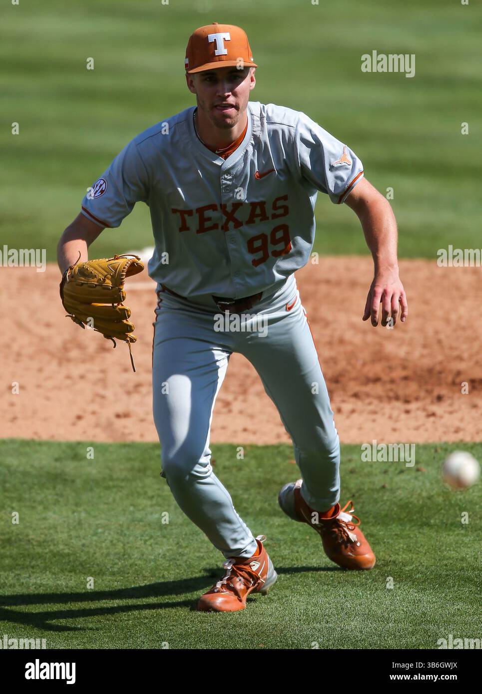 May 3, 2025: Texas pitcher Dylan Volantis (99) comes off the mound ...