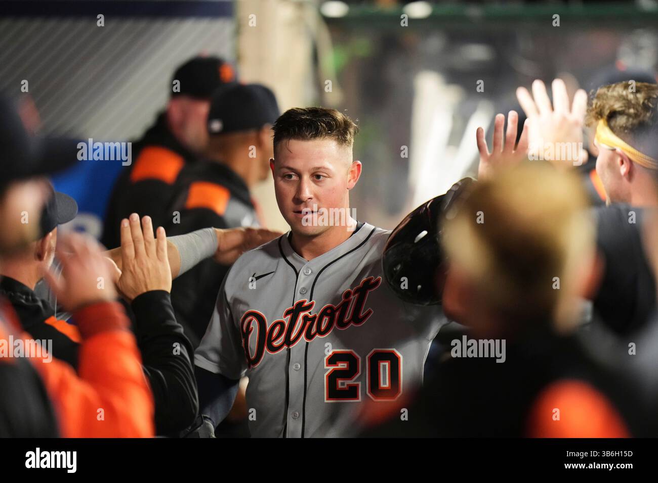 Detroit Tigers' Spencer Torkelson (20) celebrates his home run in the ...