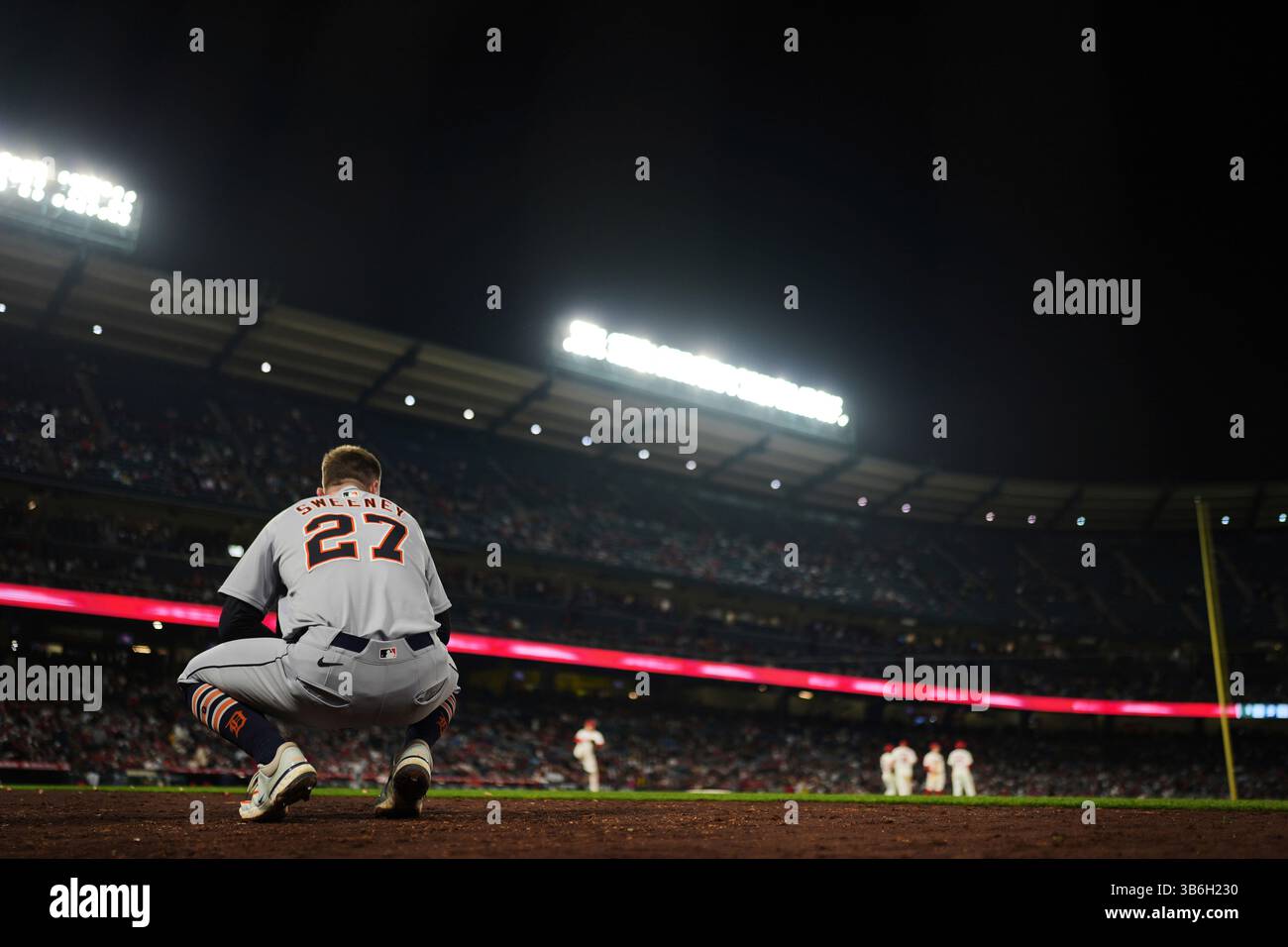 Detroit Tigers' Trey Sweeney (27) waits near the dugout during a ...