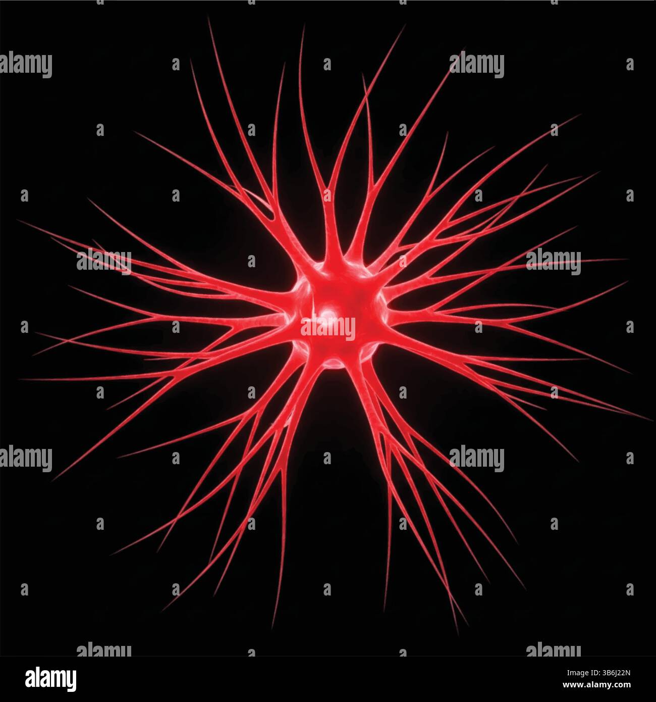 A glowing red neuron against a stark black backdrop. The neuron's ...