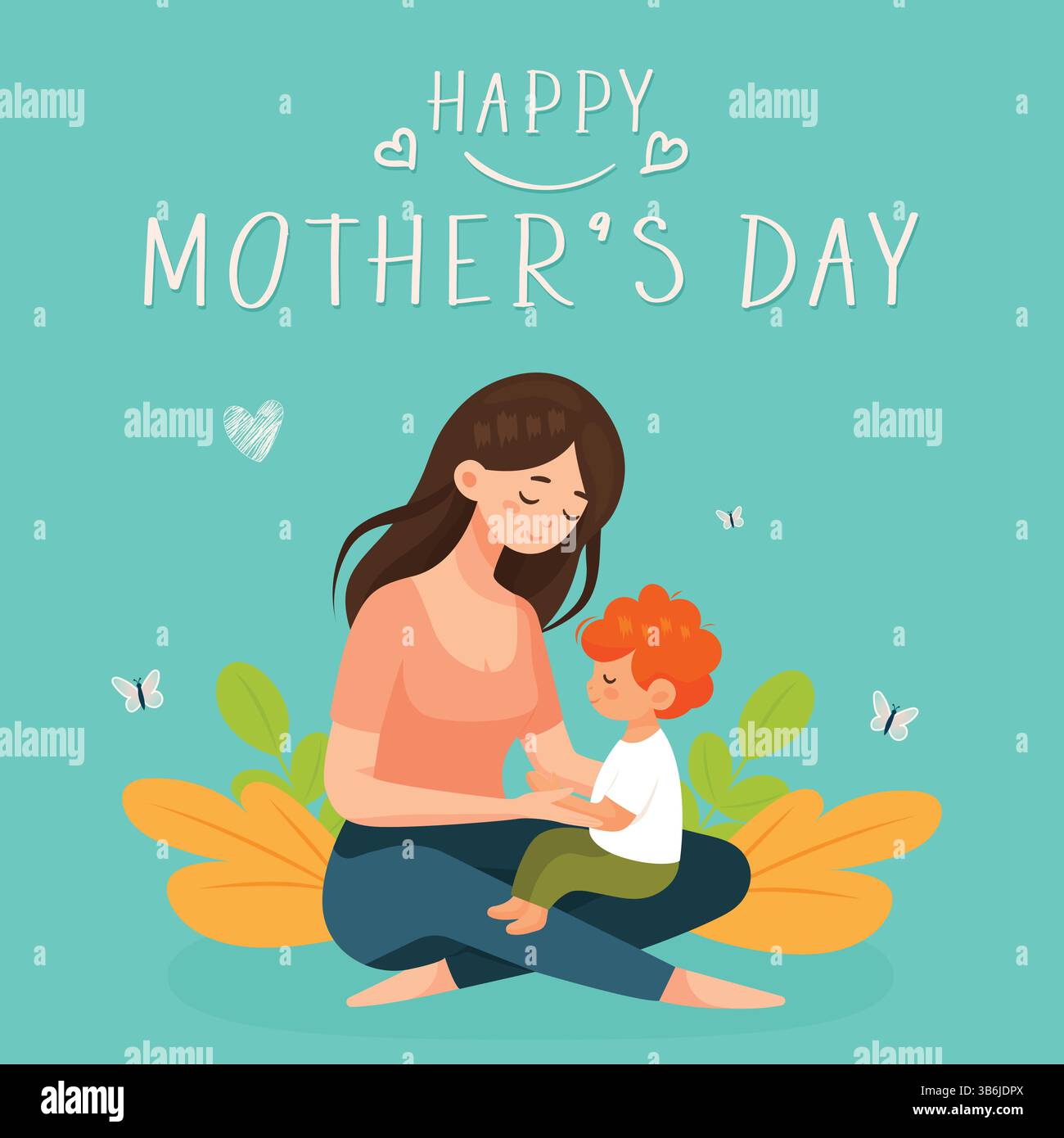 happy mothers day flat vector illustration with mom and child hugging ...