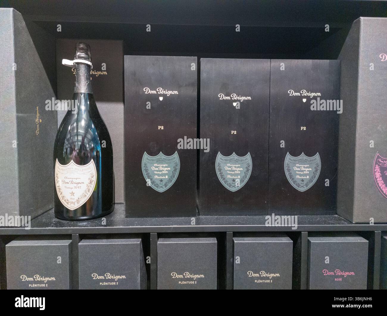 DOM PERIGNON BOTTLES OF FRENCH CHAMPAGNE ON DISPLAY INSIDE THE FOOD ...