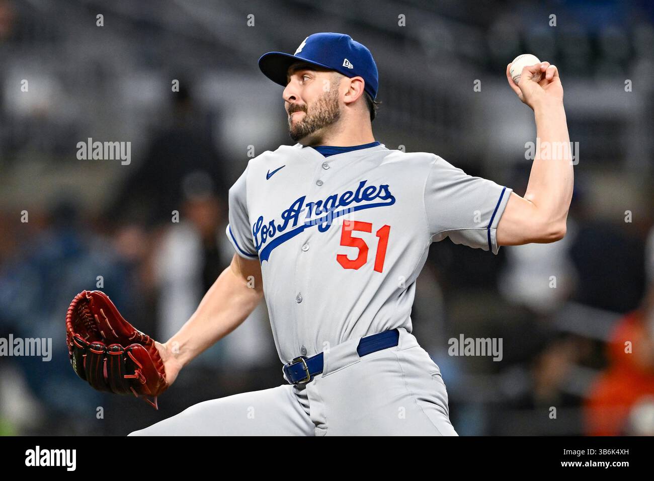 ATLANTA, GA – MAY 03: Los Angeles relief pitcher Alex Vesia (51) throws ...