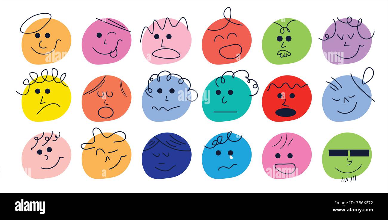 Collection of Funny Doodle Faces Expressing Various Feelings Stock ...