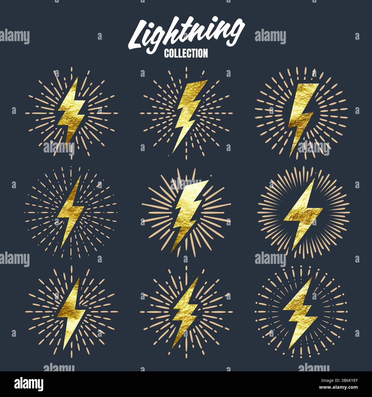 Set of vintage golden lightning bolts and sun rays. Gold foil texture ...