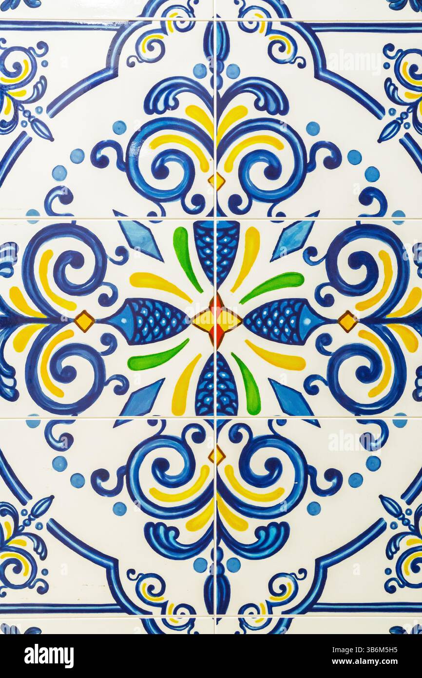 Close-up view of traditional Sicilian majolica ceramic tiles creating a ...