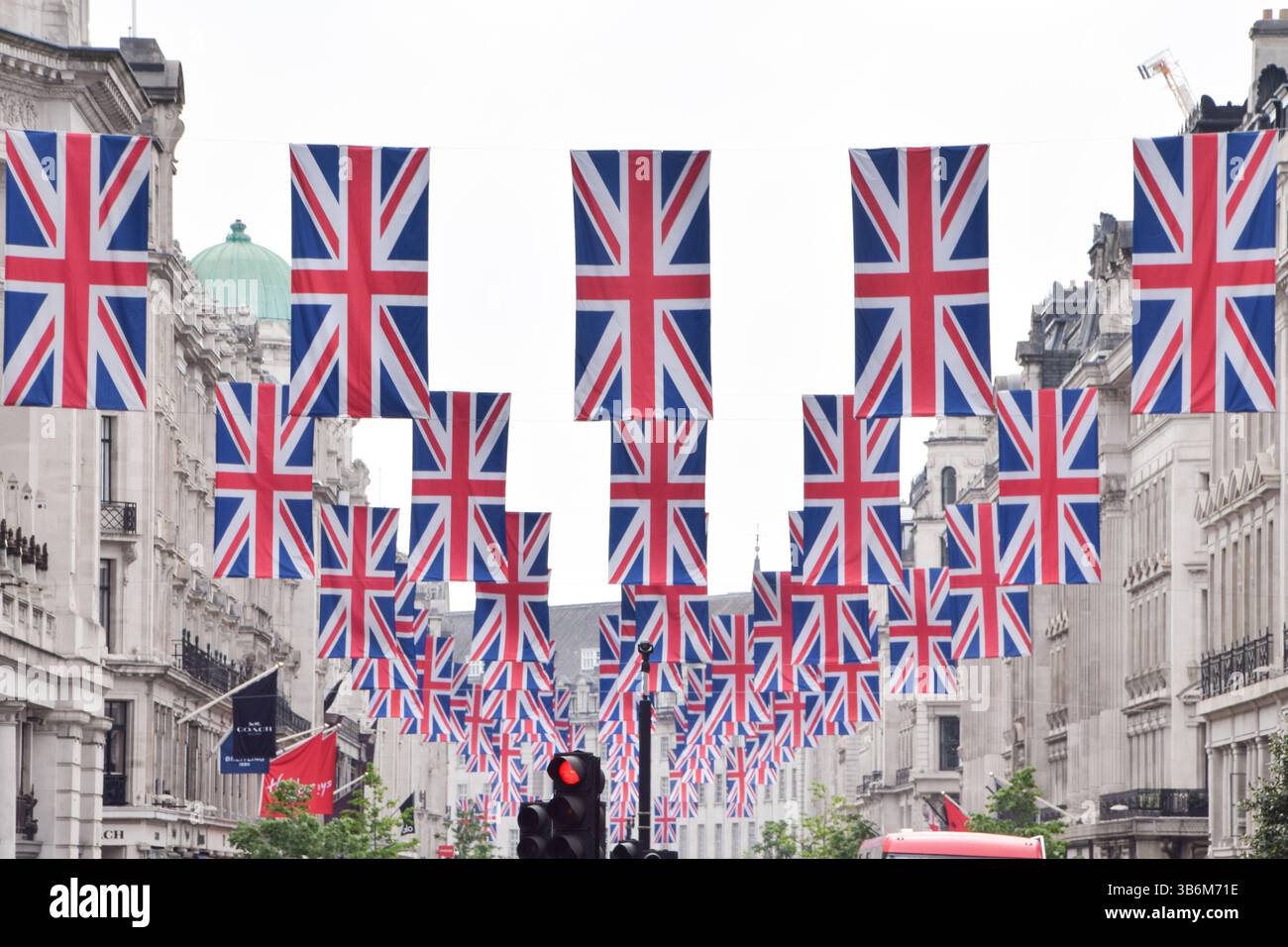 London, UK. 3rd May 2025. Union Jack flags decorate Regent Street ahead ...