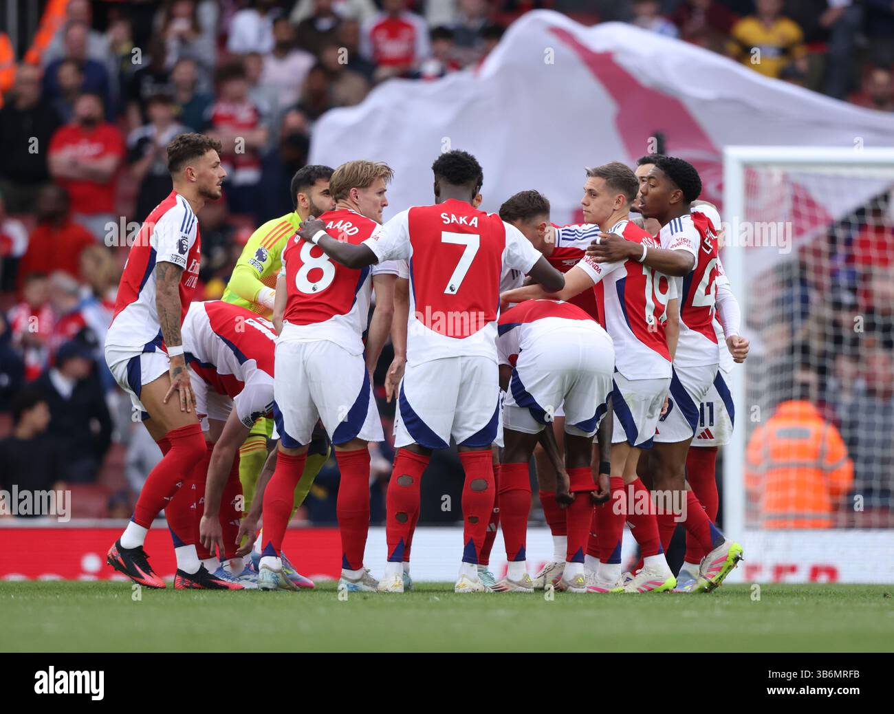 London, UK. 03rd May, 2025. Arsenal huddle at the Arsenal v AFC Bournemouth EPL match, at the ...