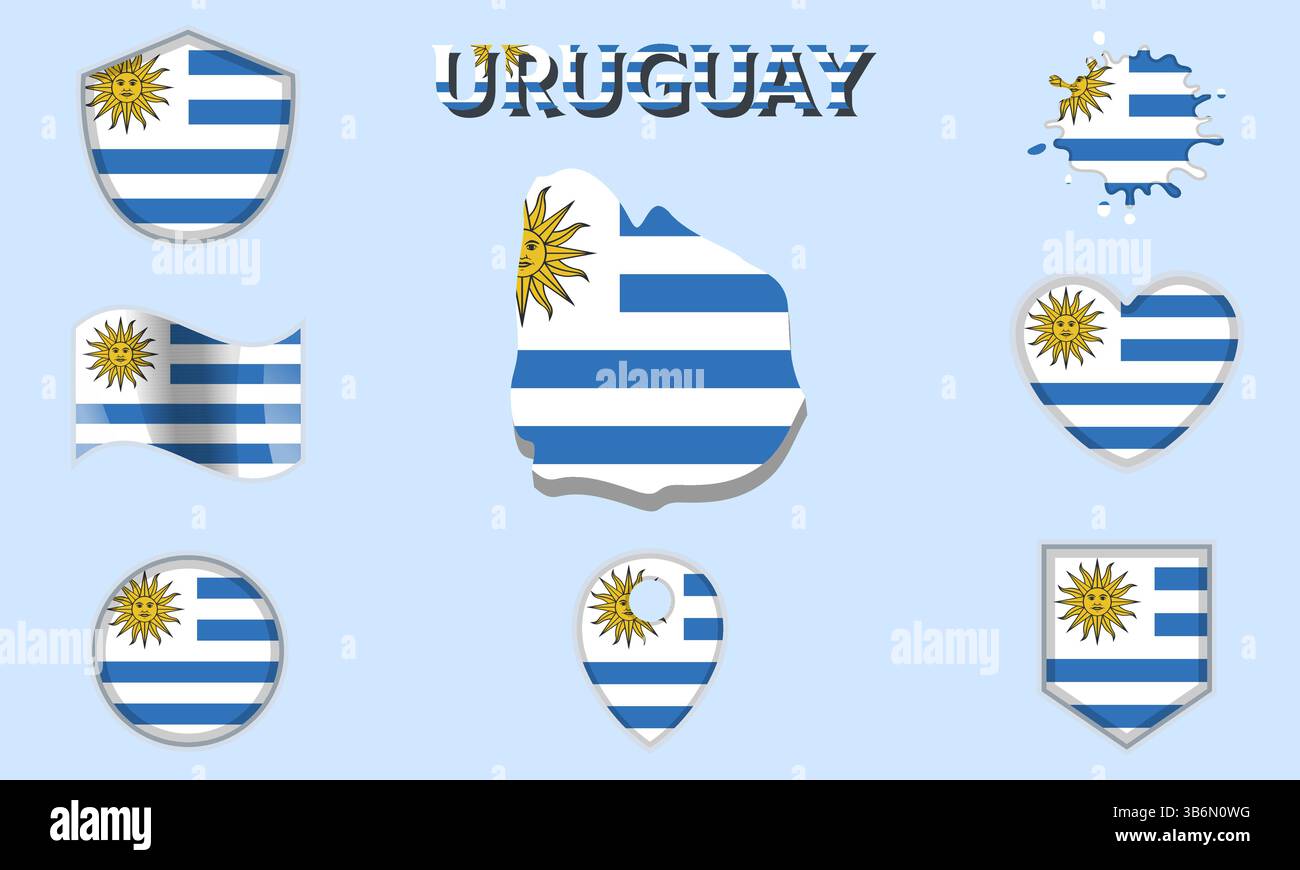Collection of flags and coats of arms of Uruguay in flat style with map ...