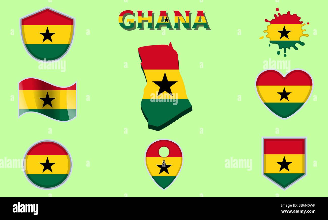 Collection of flags and coats of arms of Ghana in flat style with map ...