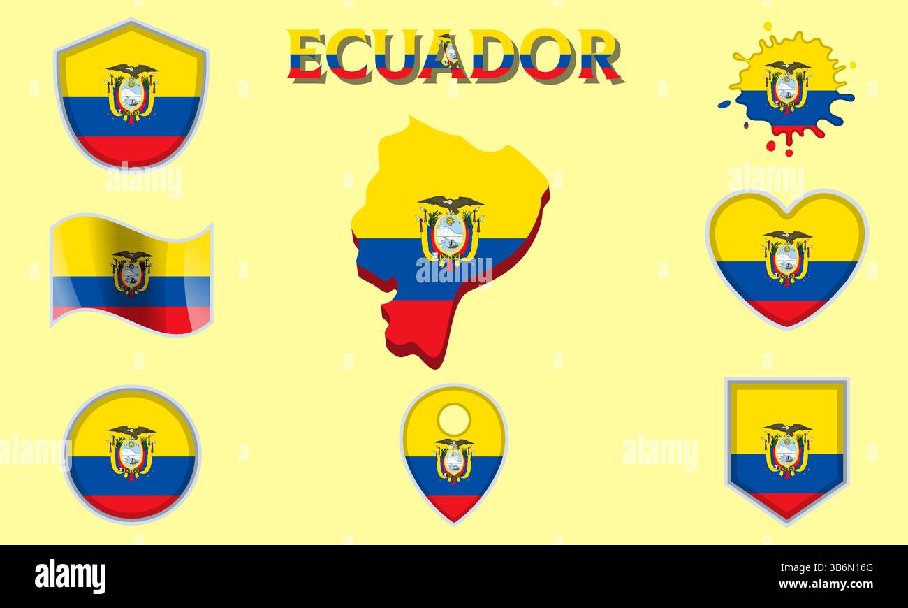 Collection of flags and coats of arms of Ecuador in flat style with map ...