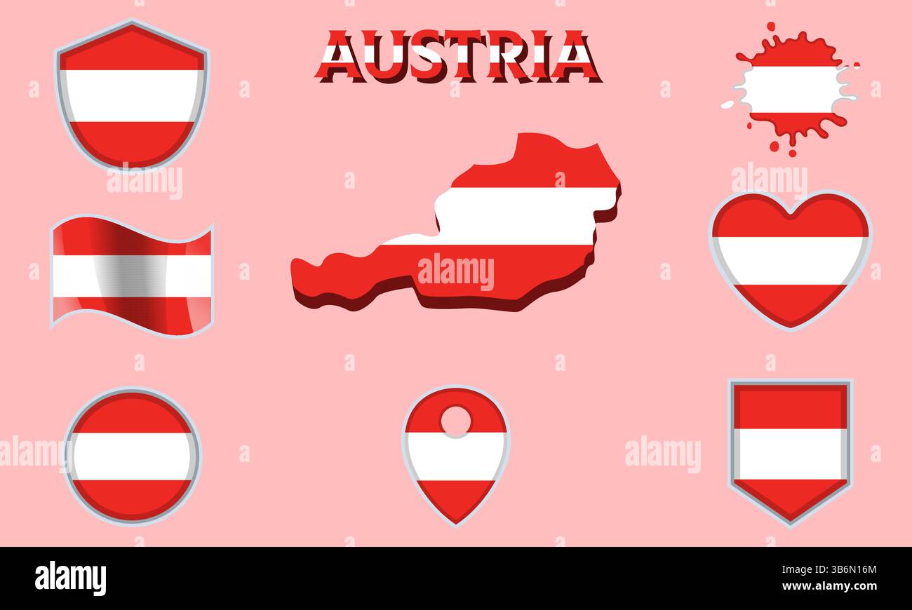 Collection of flags and coats of arms of Austria in flat style with map ...