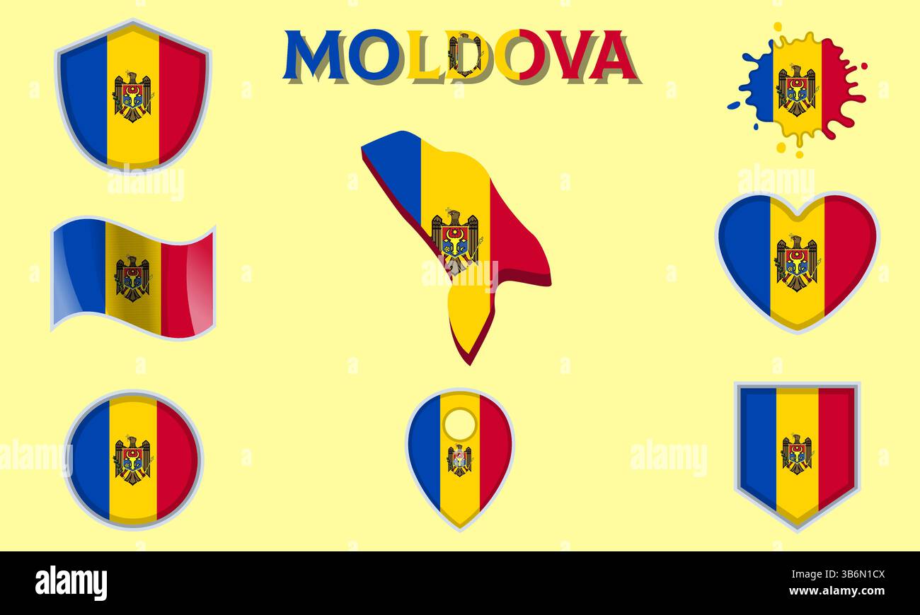 Collection of flags and coats of arms of Moldova in flat style with map ...