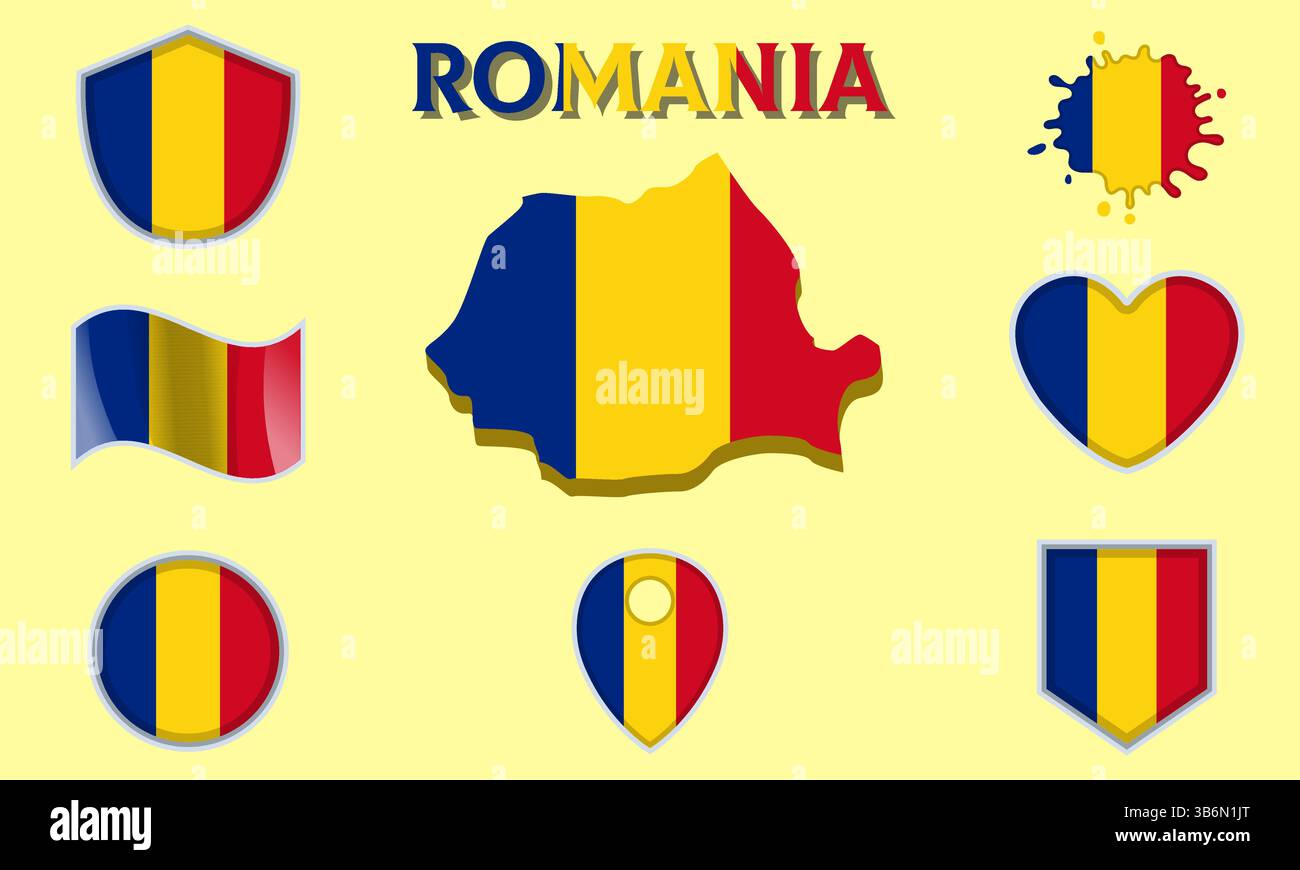 Collection of flags and coats of arms of Romania in flat style with map ...
