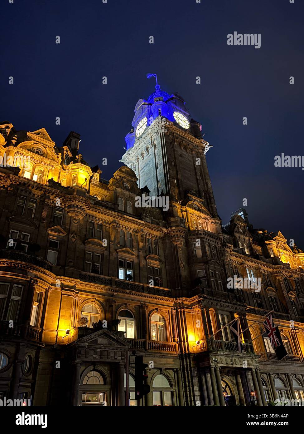 The Balmoral hotel and clock tower at night. Edinburgh iconic famous ...