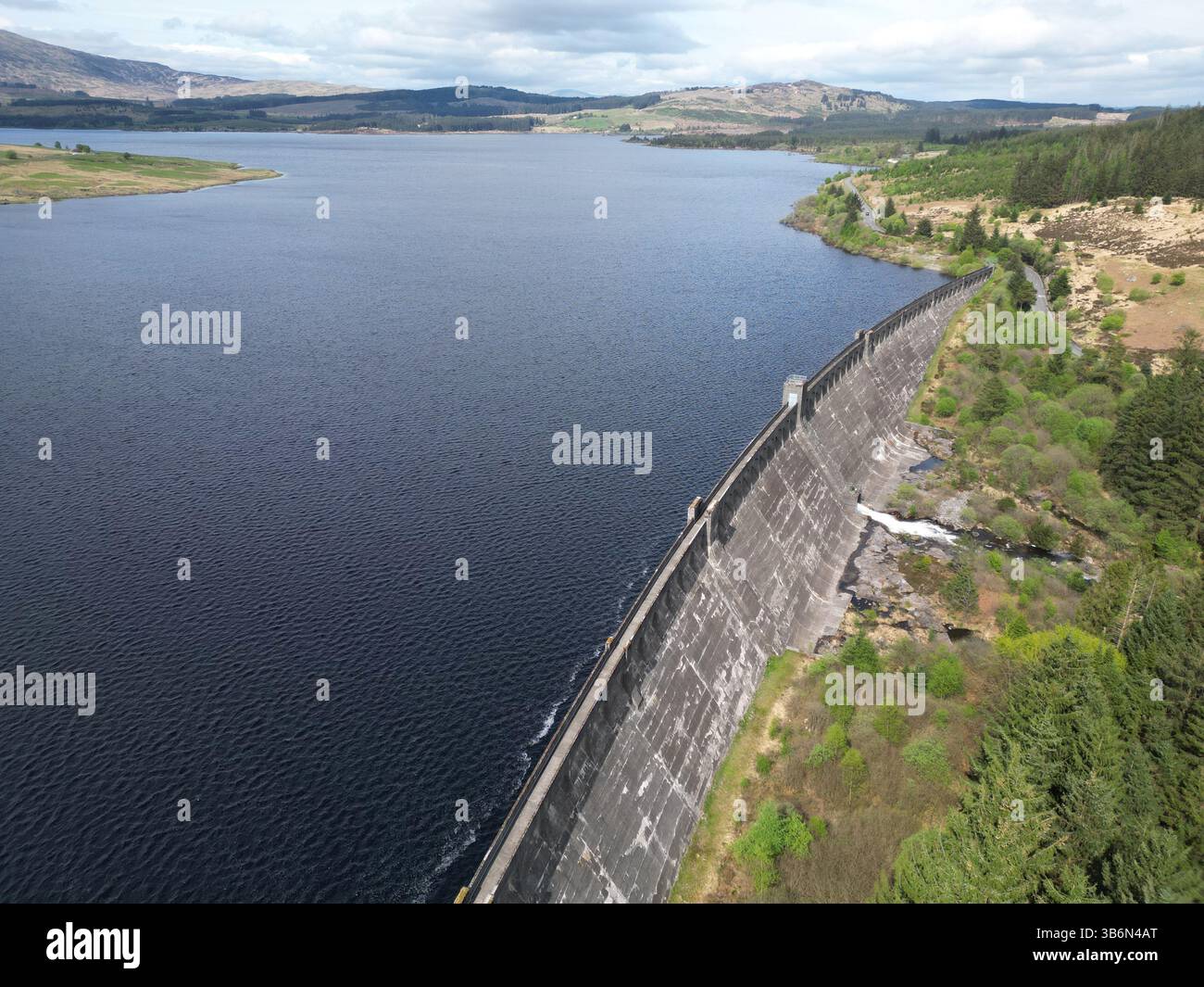 Aerial view of Clatteringshaws Dam and Loch Dee built in the 1930s to ...