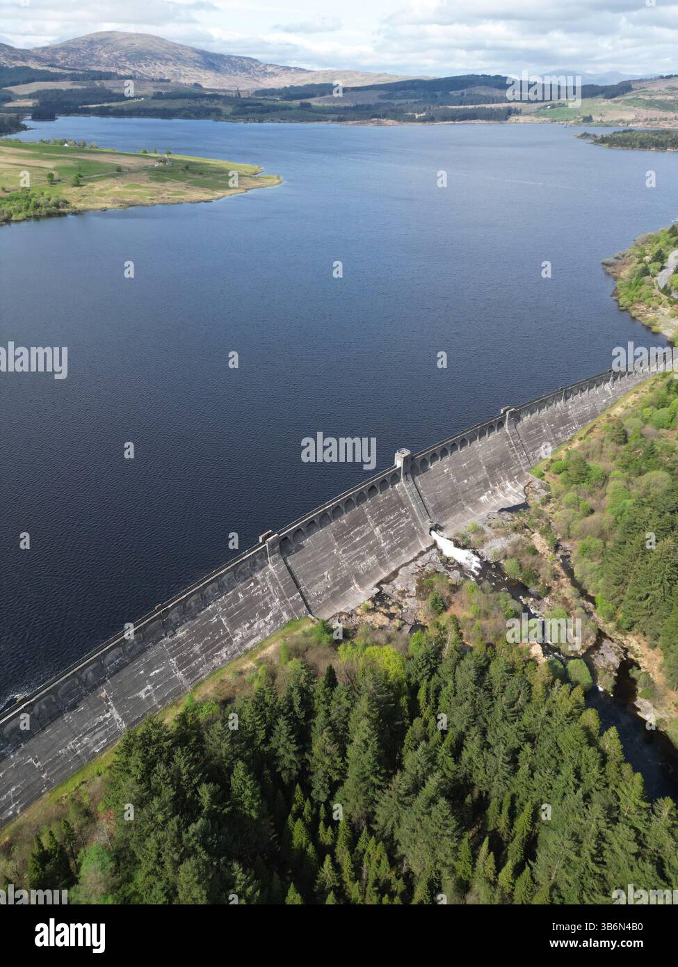 Aerial view of Clatteringshaws Dam and Loch Dee built in the 1930s to ...