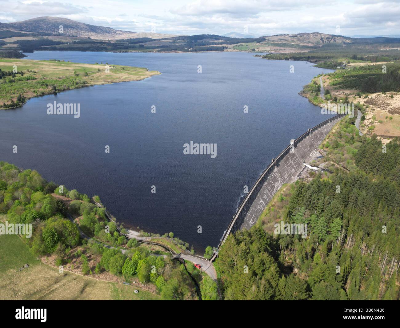 Aerial view of Clatteringshaws Dam and Loch Dee built in the 1930s to ...
