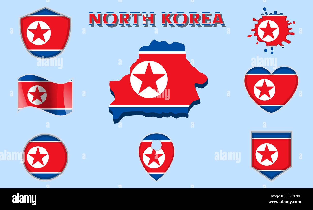 Collection of flags and coats of arms of North Korea in flat style with ...