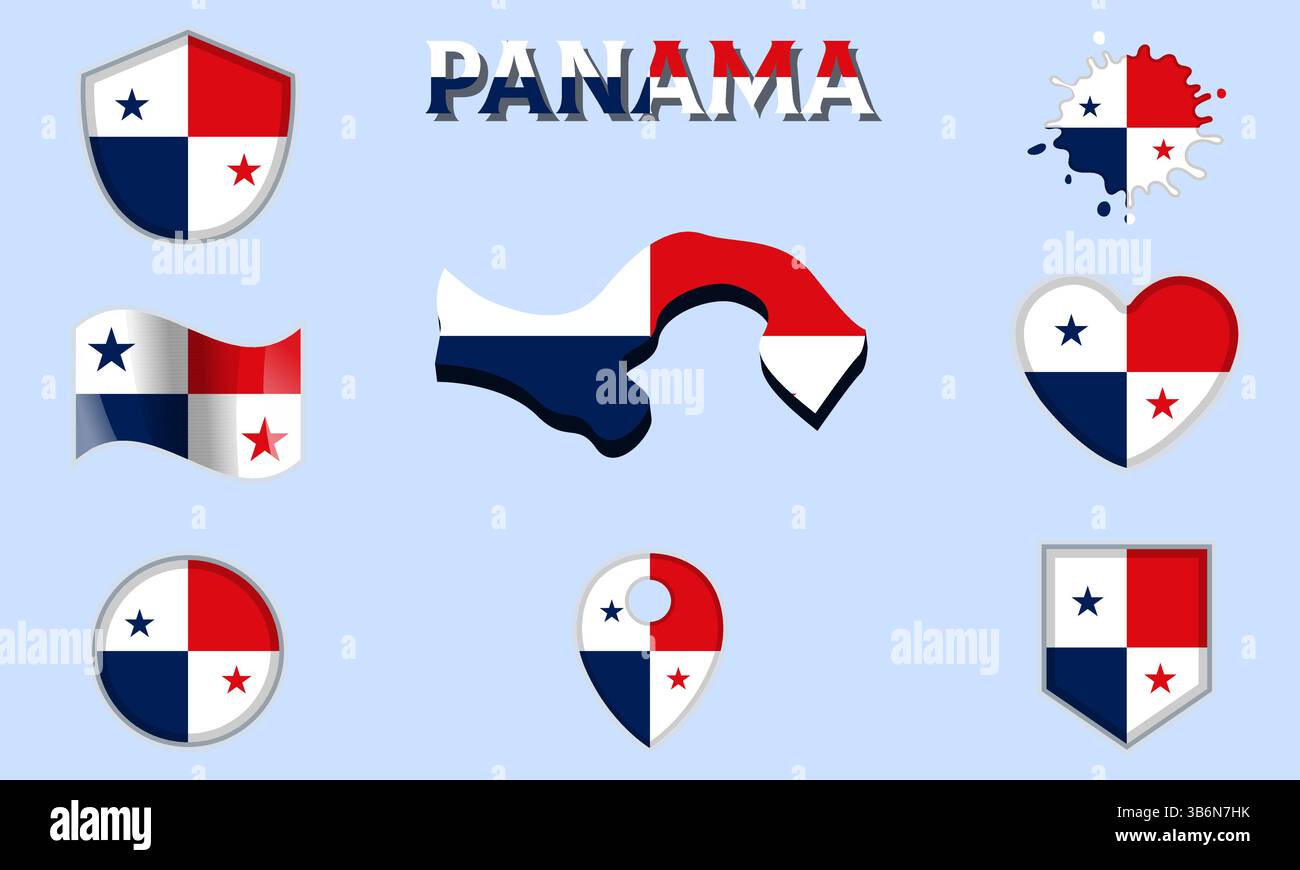 Collection of flags and coats of arms of Panama in flat style with map ...