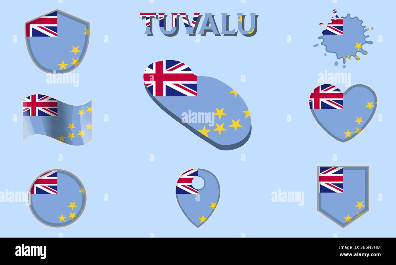 Collection of flags and coats of arms of Tuvalu in flat style with map ...
