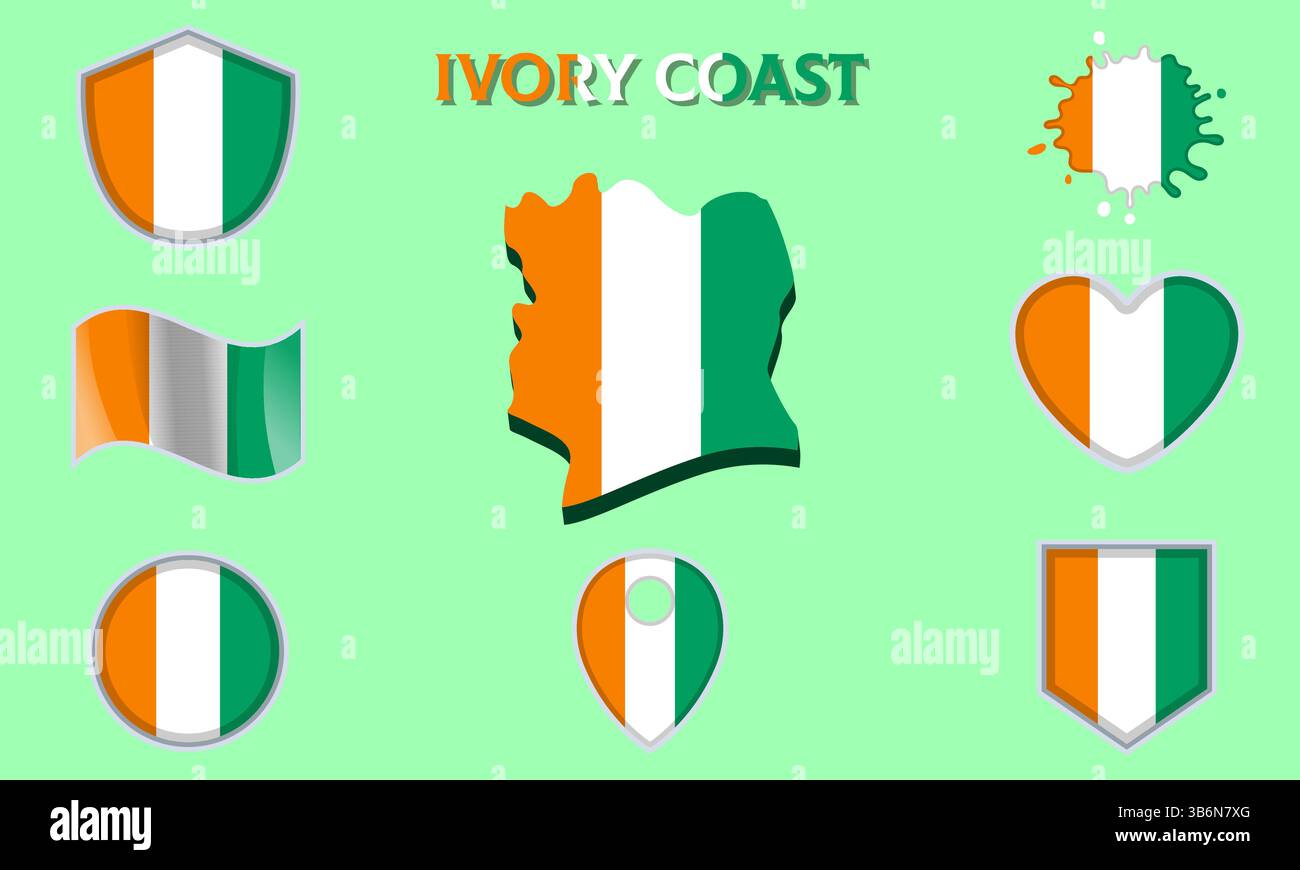 Collection of flags and coats of arms of Ivory Coast in flat style with ...