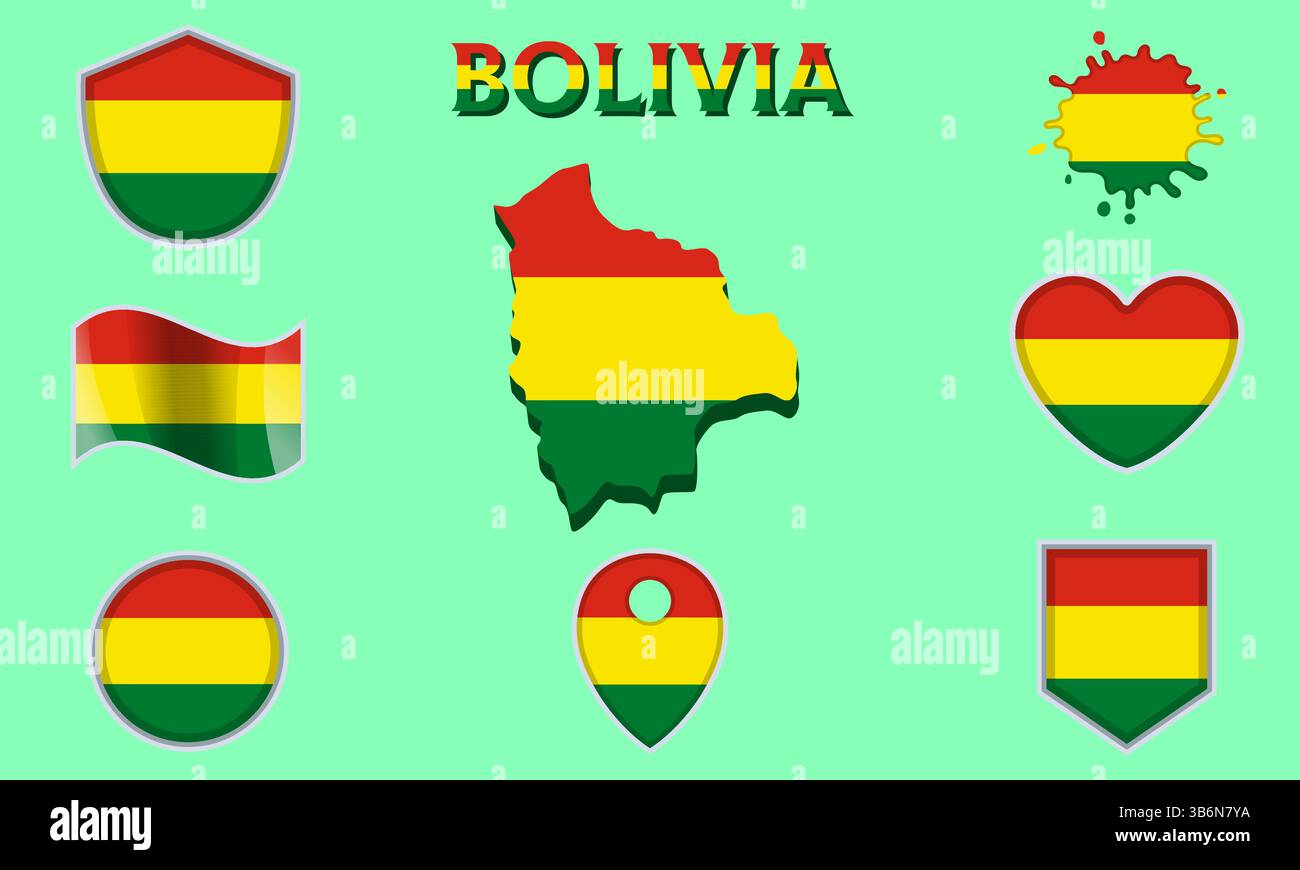 Collection of flags and coats of arms of Bolivia in flat style with map ...