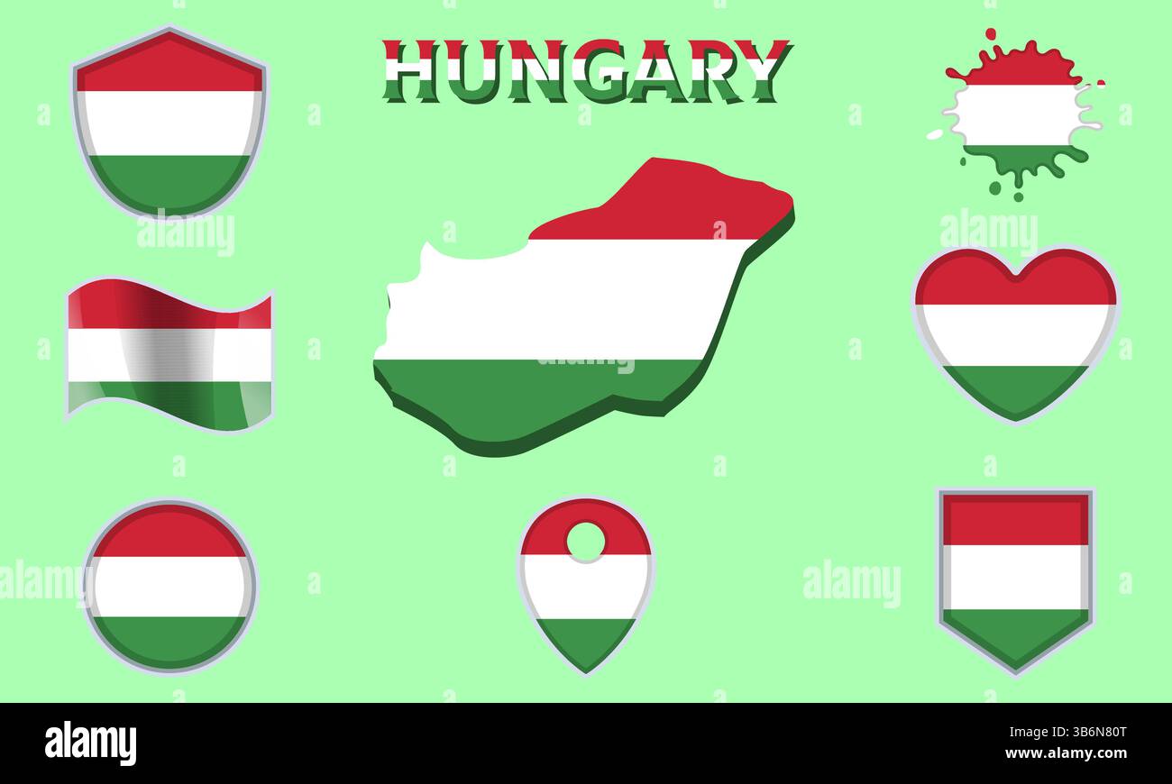 Collection of flags and coats of arms of Hungary in flat style with map ...