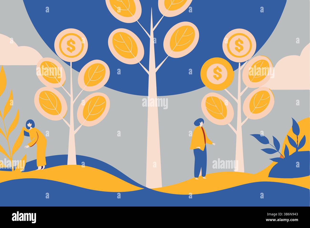 Minimalist Illustration of Stylized Characters with Money Theme Stock ...