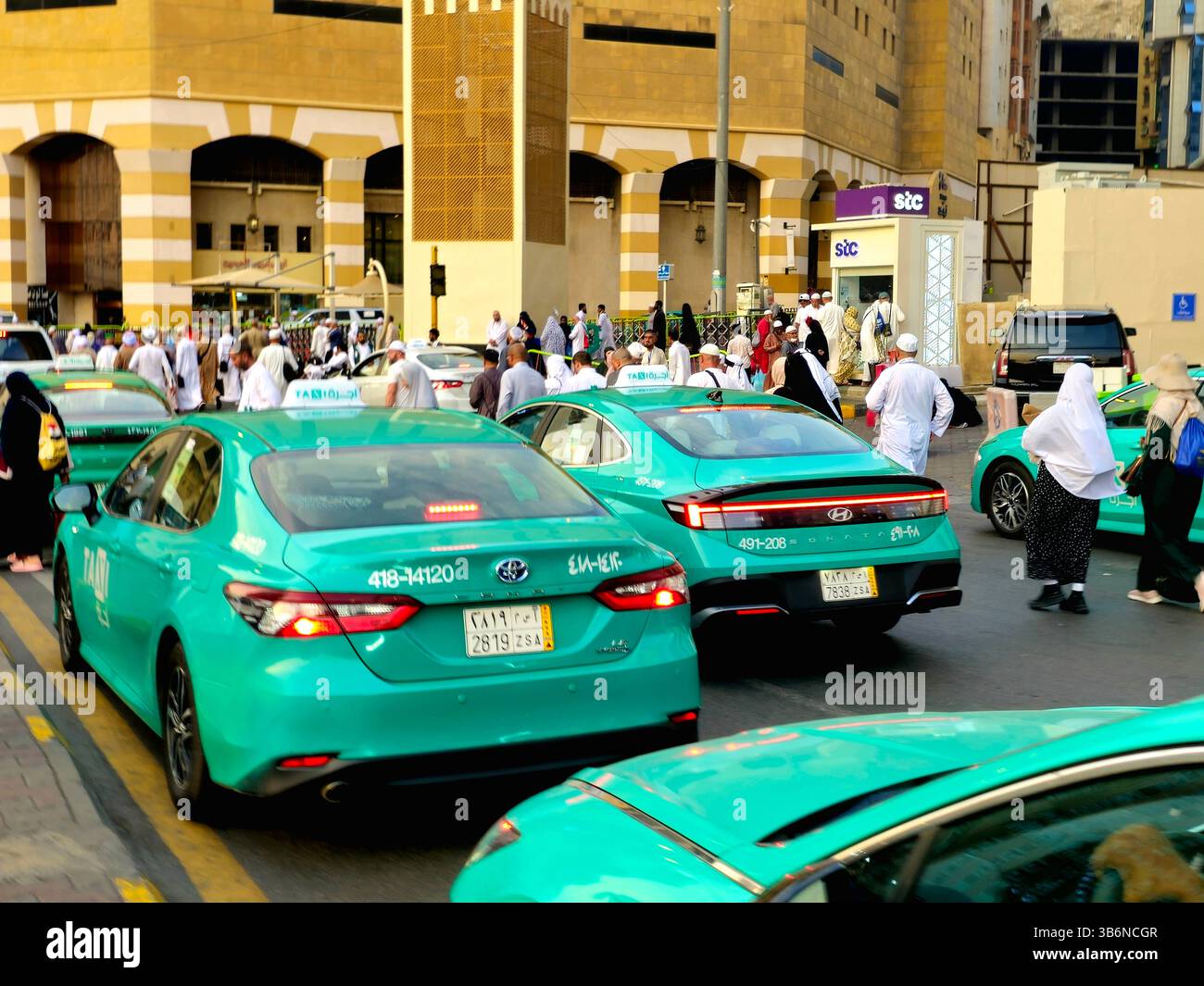 Mecca, Saudi Arabia, June 20 2024: Mecca Makkah Taxi, used to transport Hajj pilgrims inside and ...