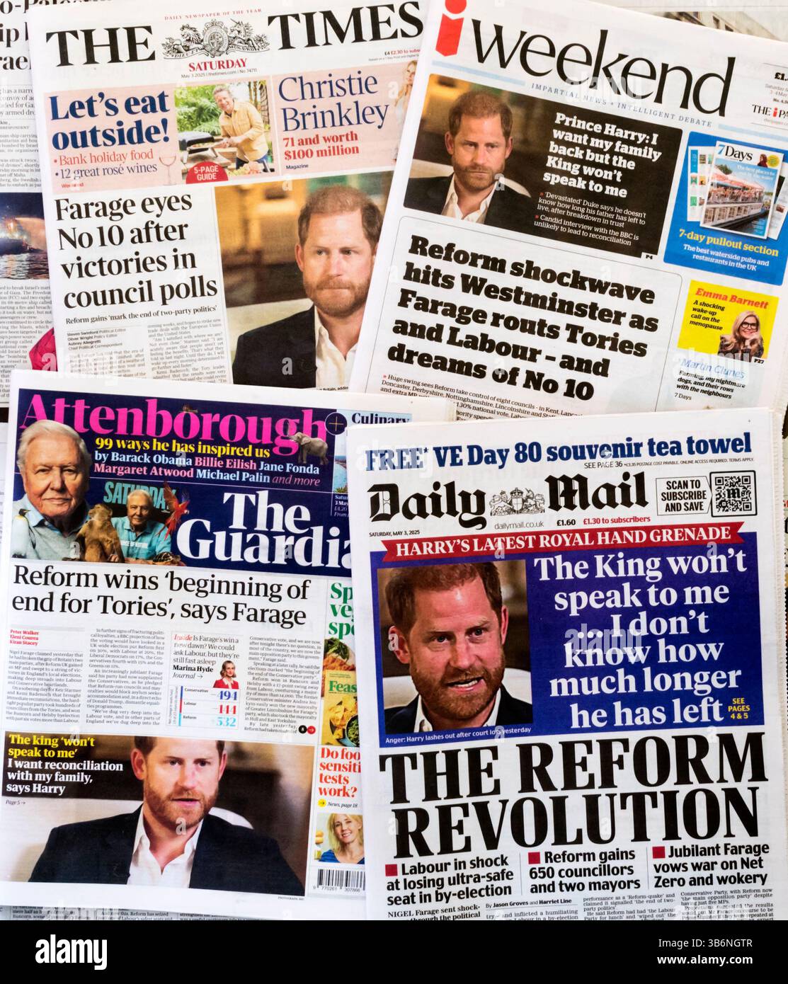 03 May 2025. The front pages of a selection of UK newspapers give equal ...