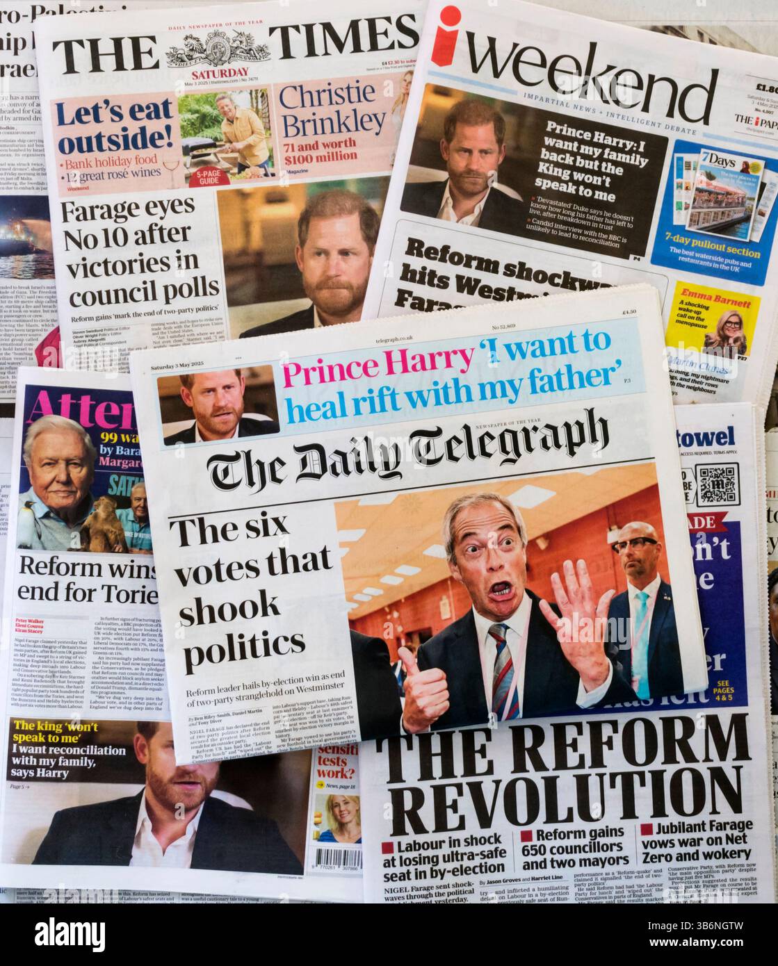 03 May 2025. The front pages of a selection of UK newspapers give equal ...