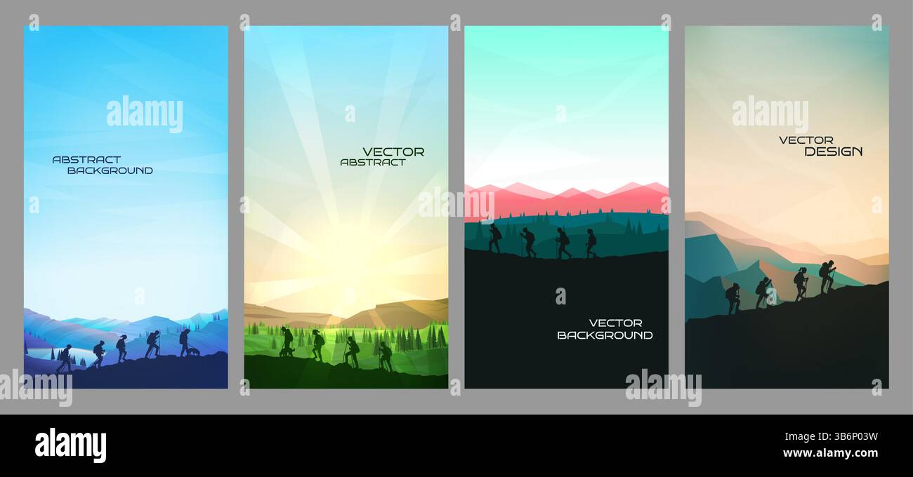 Vector illustration. Set of backgrounds with a group of hikers climbing ...