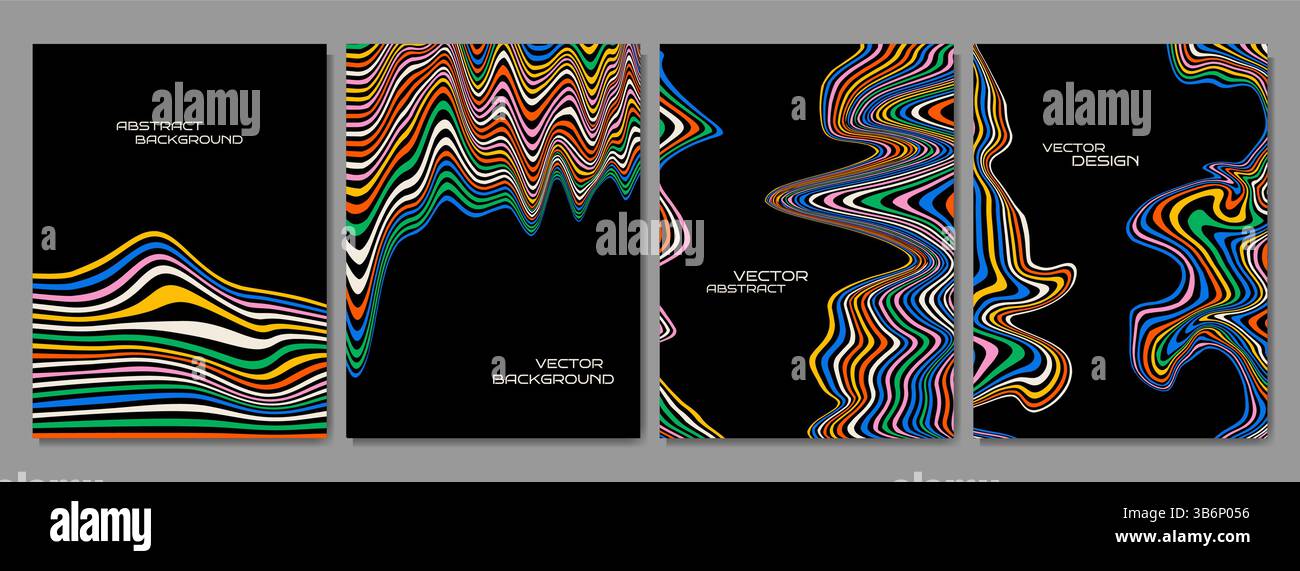 Vector illustration. Groovy 80s, 90s retro graphic backgrounds set. Wavy linear pattern. Twisted ...