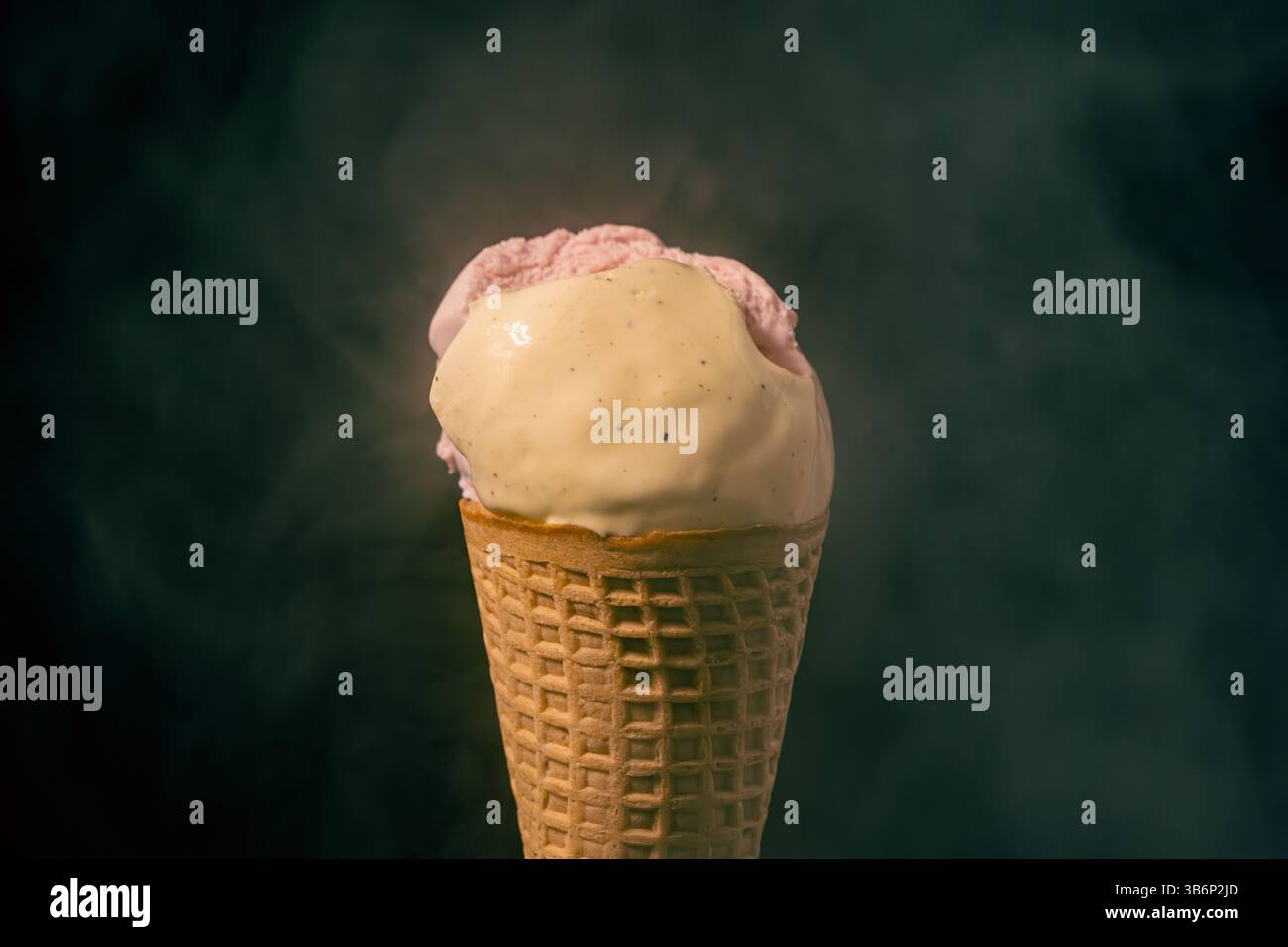 Half Ice Cream Cone in Steam – Dramatic Black Background Close-Up Stock ...