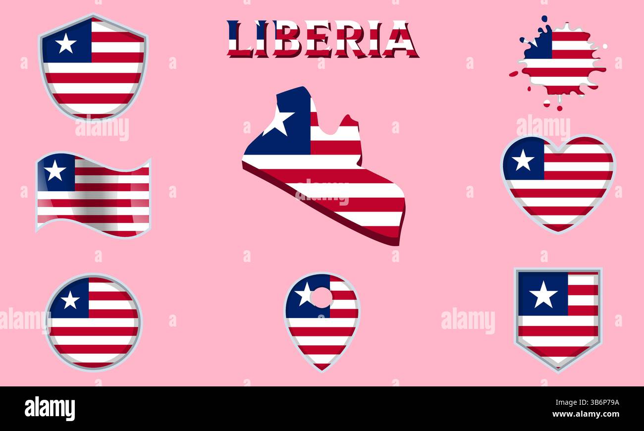 Collection of flags and coats of arms of Liberia in flat style with map ...
