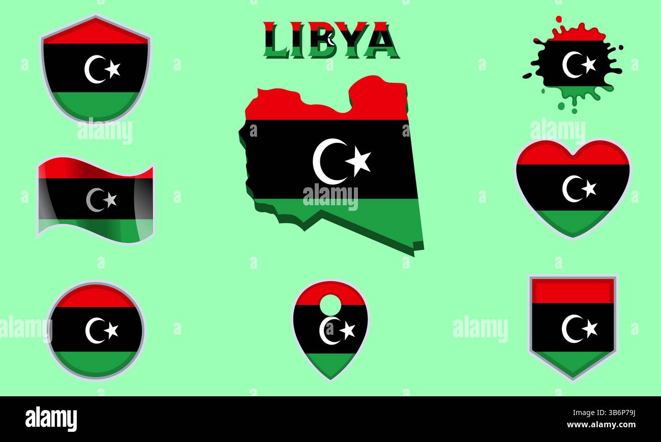 Collection of flags and coats of arms of Libya in flat style with map ...