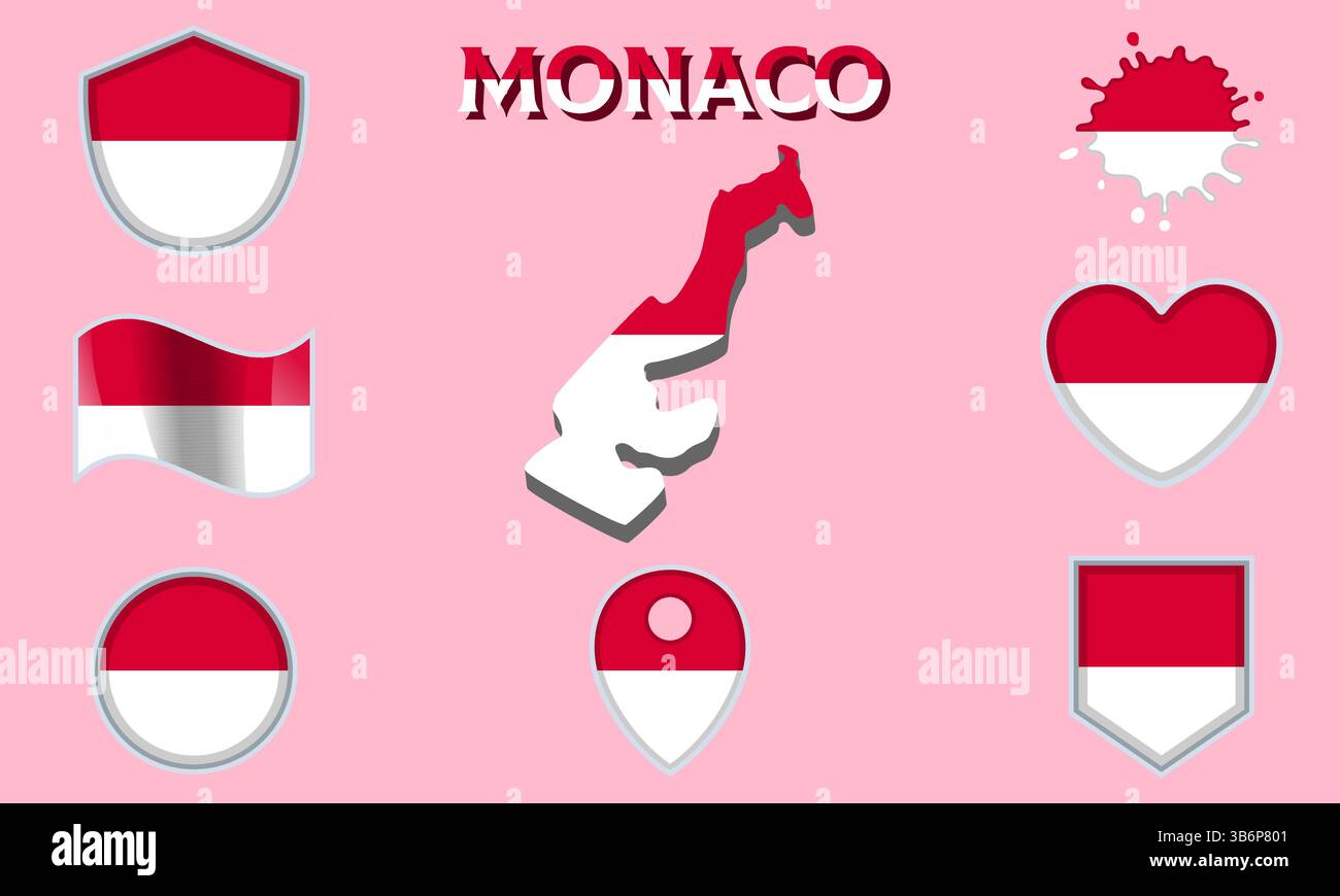 Collection of flags and coats of arms of Monaco in flat style with map ...