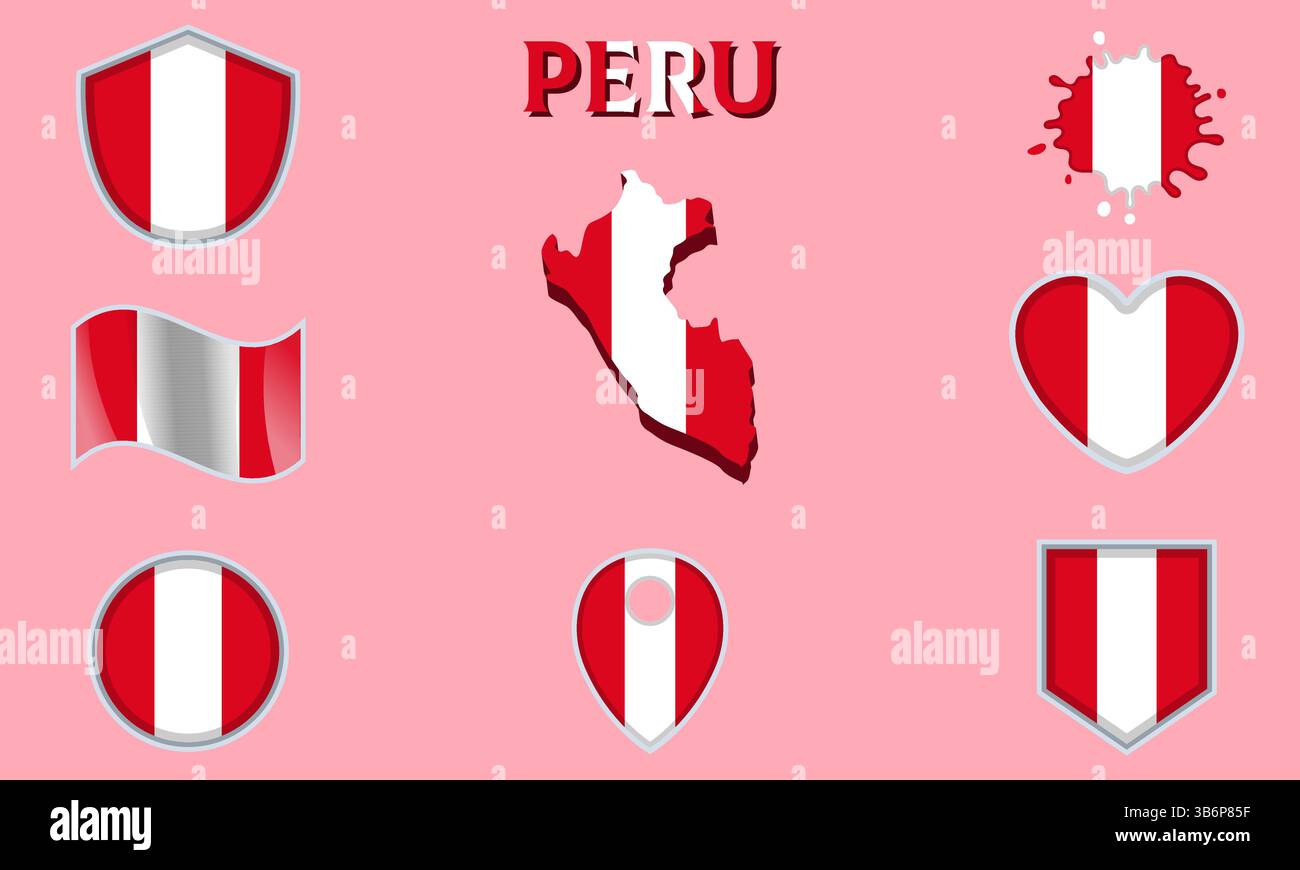Collection of flags and coats of arms of Peru in flat style with map ...