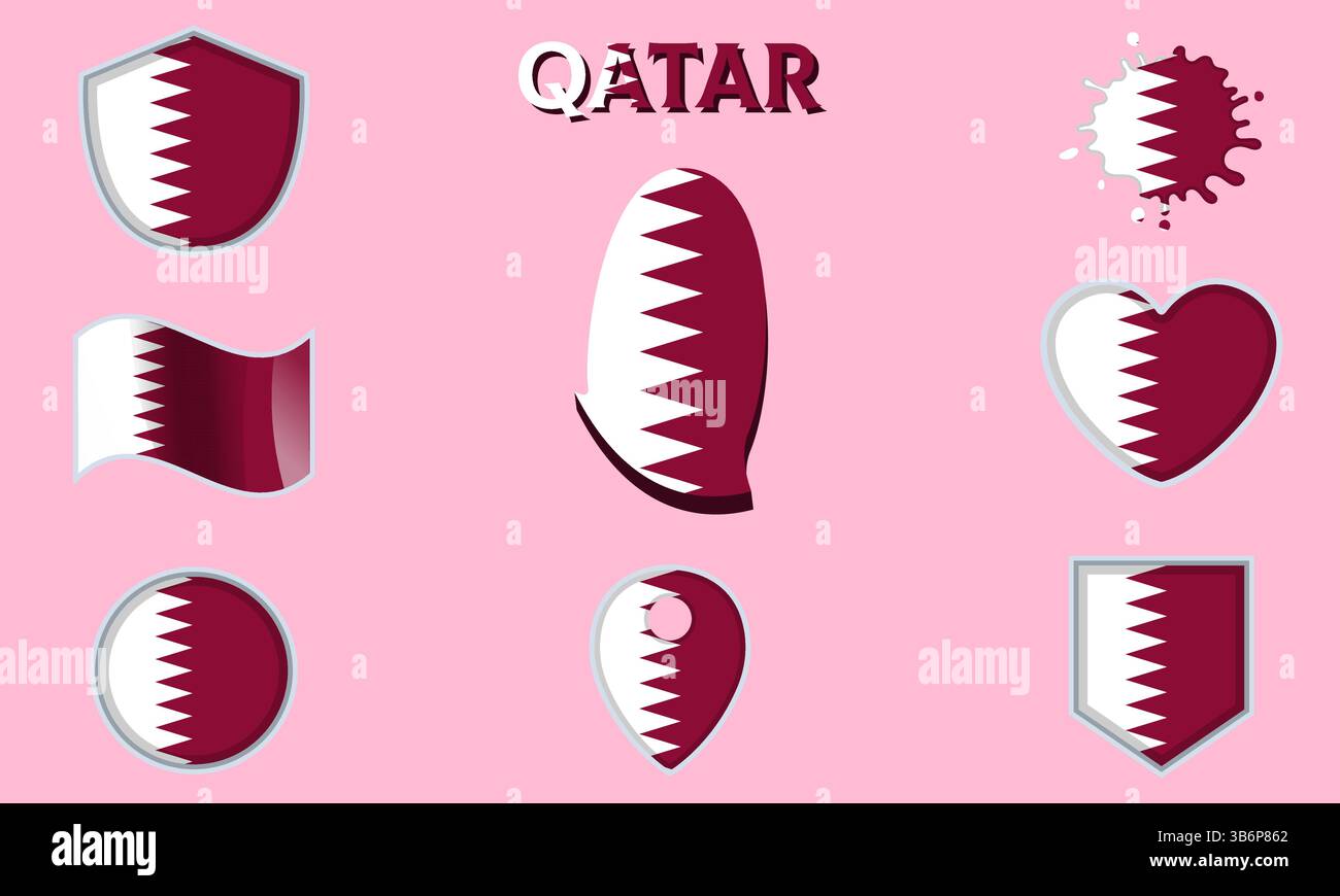 Collection of flags and coats of arms of Qatar in flat style with map ...