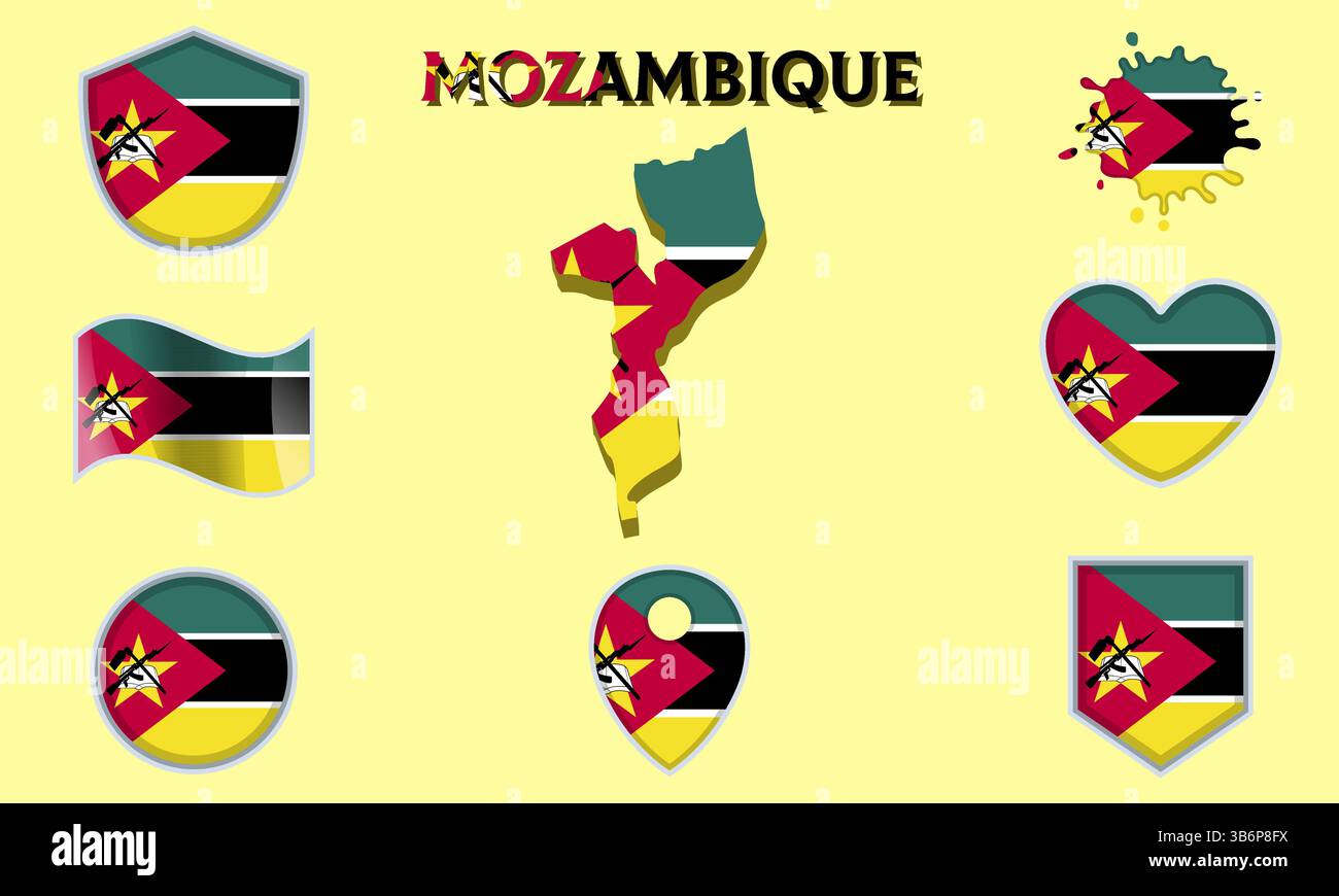 Collection of flags and coats of arms of Mozambique in flat style with ...