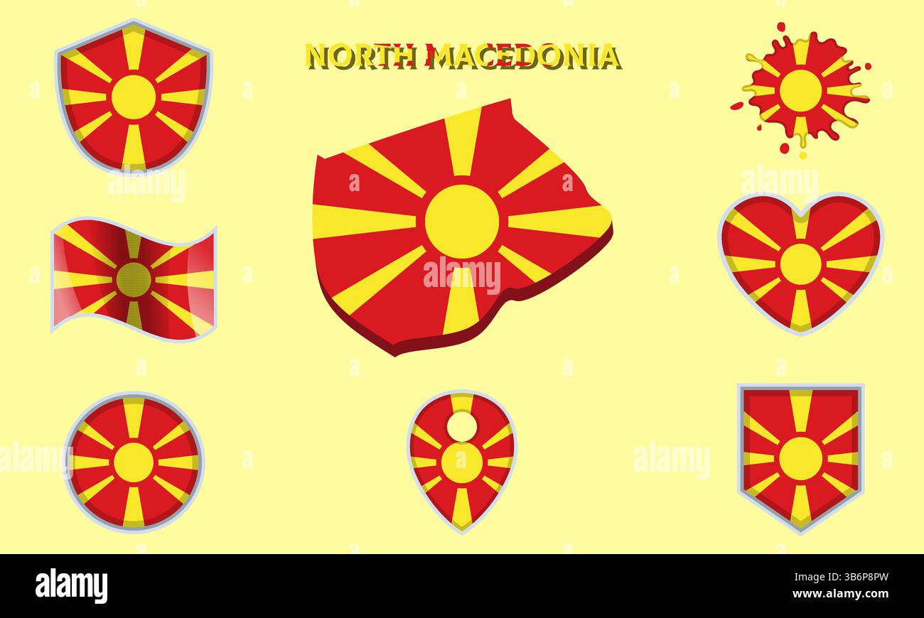 Collection of flags and coats of arms of North Macedonia in flat style ...