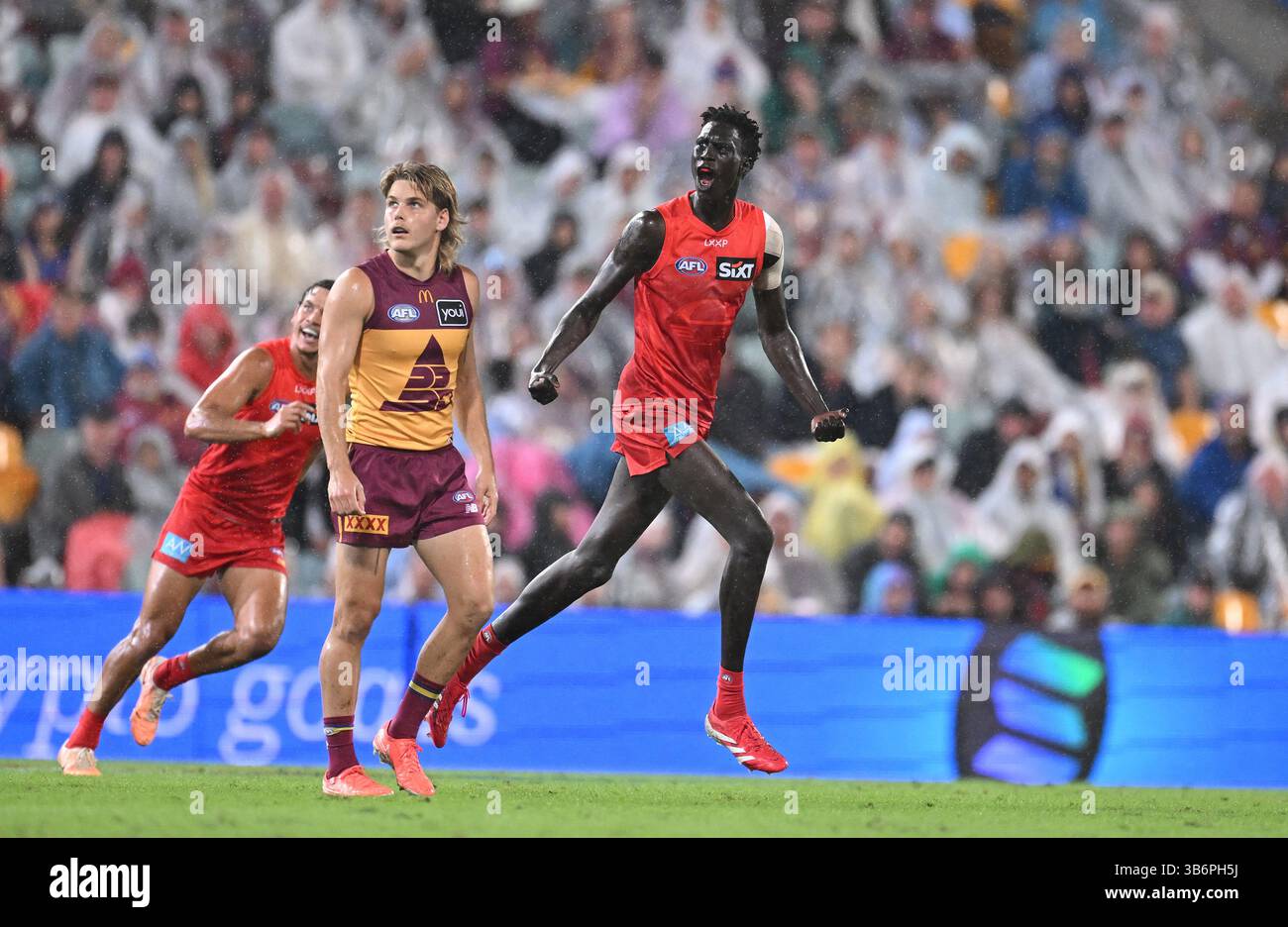 Brisbane, Australia. 04th May, 2025. Mac Andrew of the Suns reacts ...