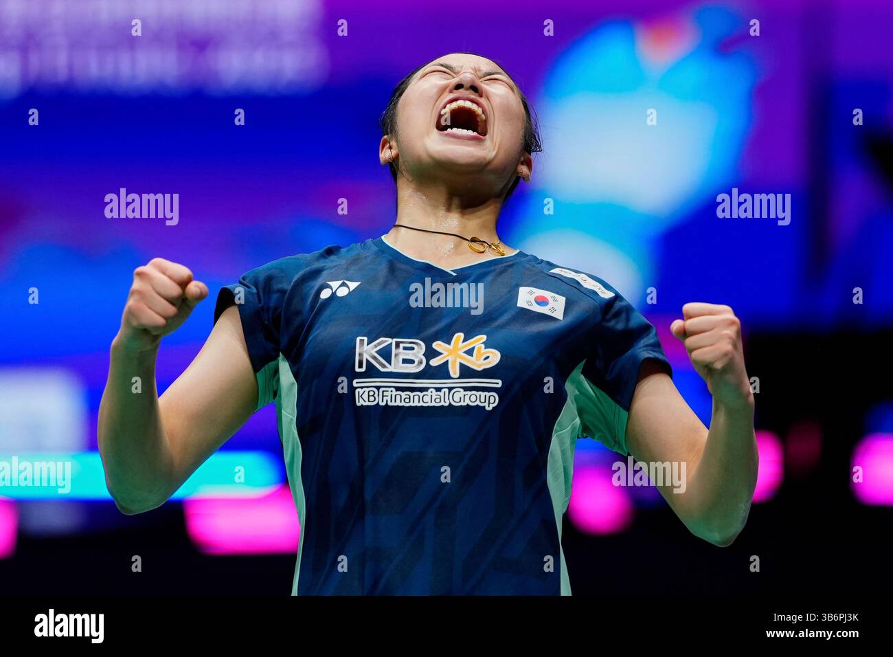 South Korea's An Se-young reacts after beating China's Wang Zhi Yi in the women's singles ...